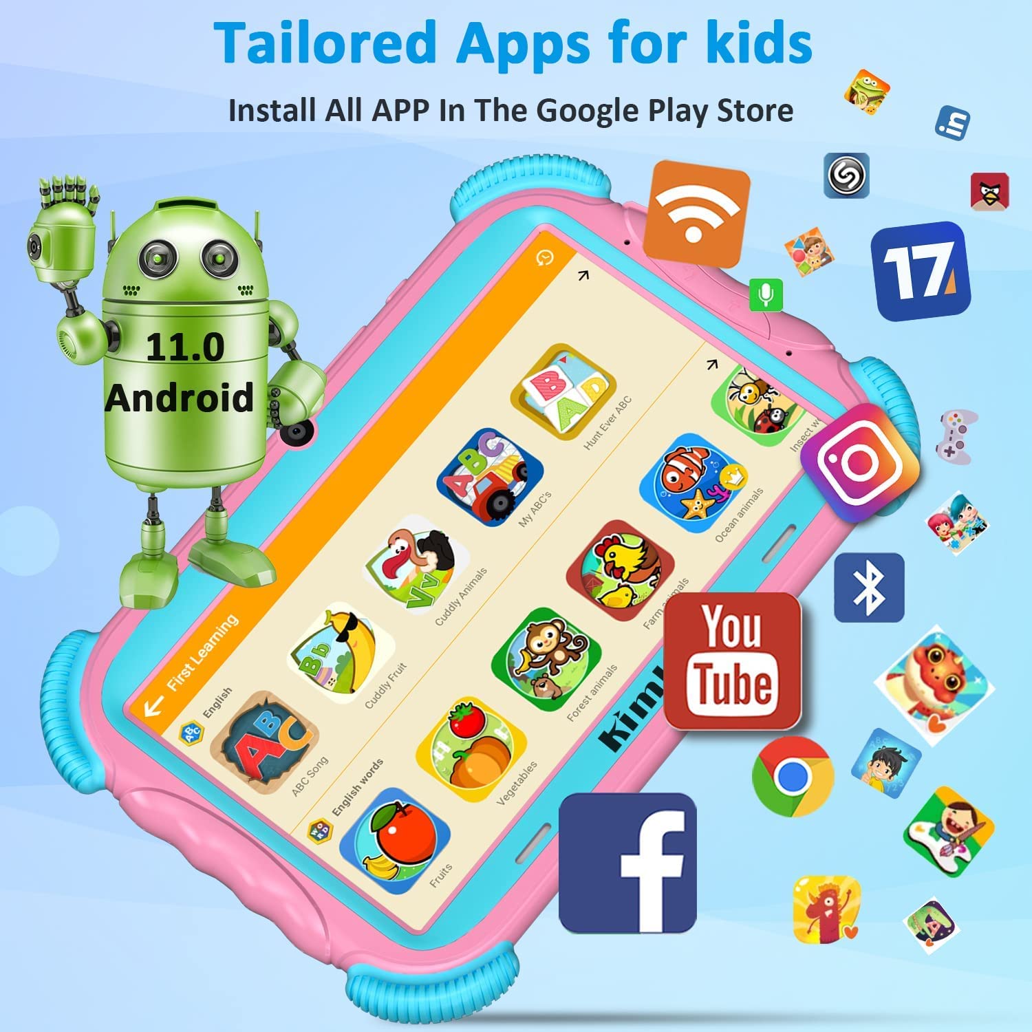 Kids Tablet, 7 inch Tablet for Kids/Toddlers, Android 11, 2GB+32GB, Parental Control APP, Dual Camera, WiFi, Bluetooth, Children Tablet with Anti-Drop Kid-Proof Case, Google Kids Space, YouTube, Pink