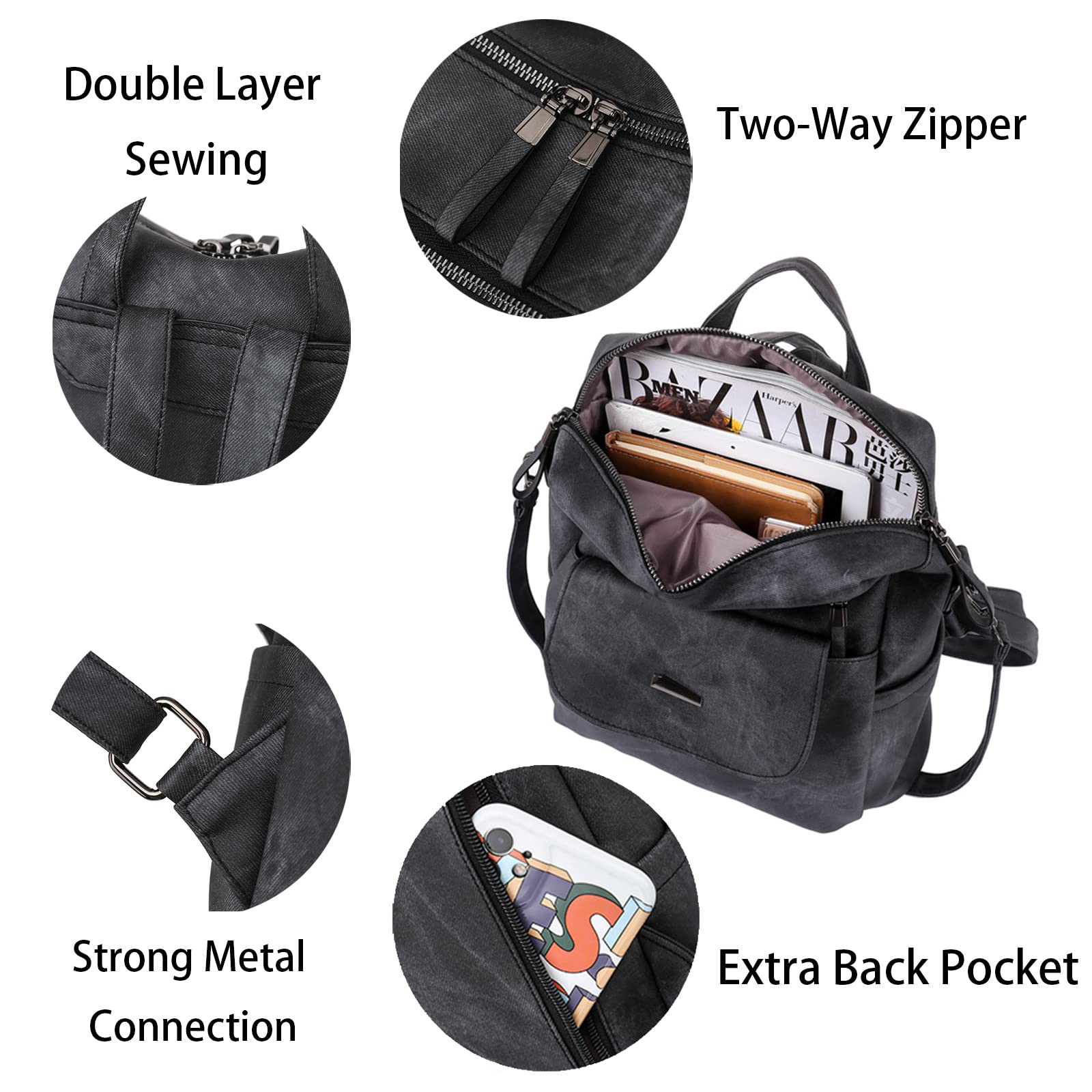KlaOYer PU Leather Backpack Purse for Women Fashion Multipurpose Design Handbag Ladies Shoulder Bags Travel Backpack (Black)