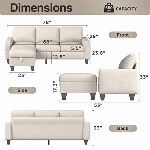 Sunrise Coast Sectional L-Shaped Sofa Modern Linen Fabric 3-Seat Couch with Convertible Storage Ottoman Beige Living Room Furniture Set for Apartment Loft Small Spaces