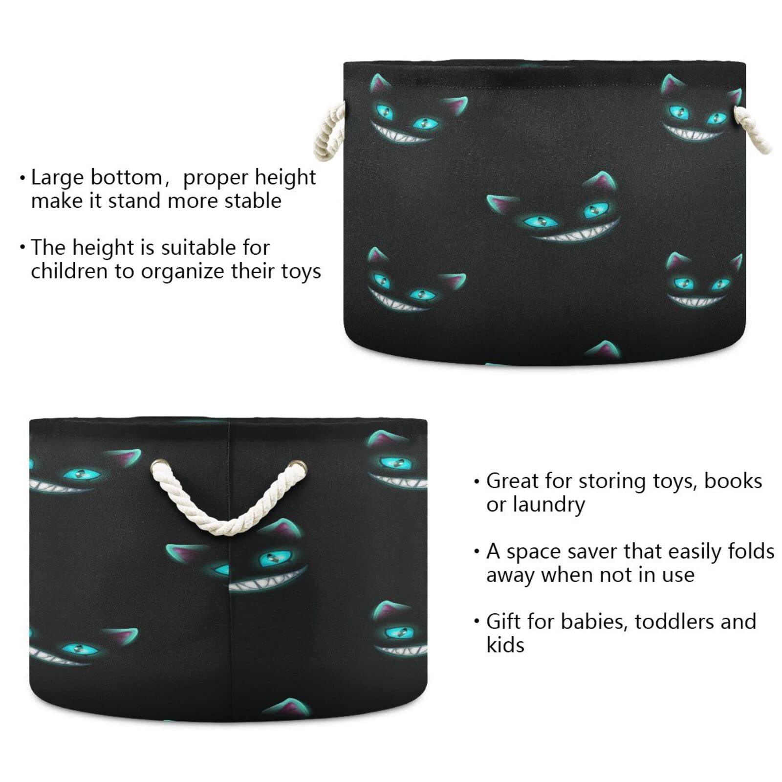 Kigai Cheshire Cat Texture Large Round Storage Basket with Handle, Collapsible Decorative Laundry Baskets for Blanket, Cotton Rope Organizer Toys Towels Nursery Hamper Bin, 20" x 14"