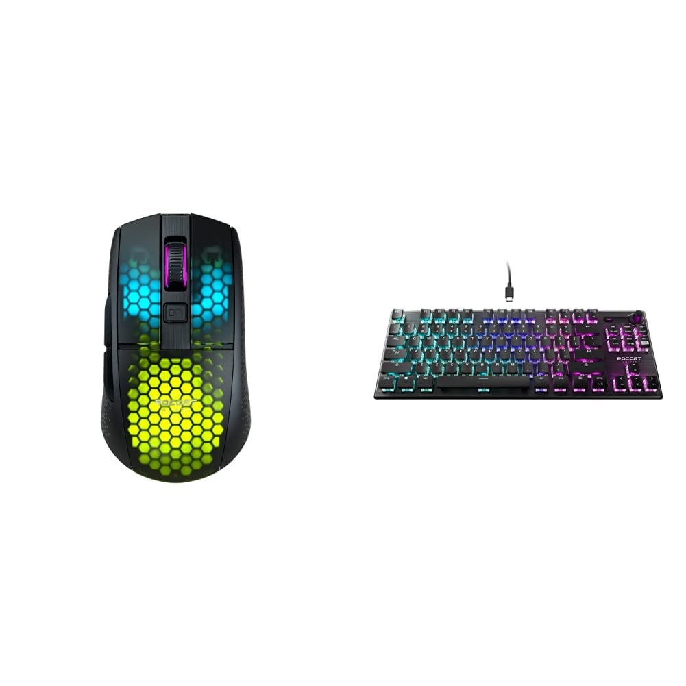 ROCCAT Burst Pro Air Lightweight Symmetrical Optical Wireless RGB Gaming Mouse, Black & Vulcan TKL Mechanical PC Tactile Gaming Keyboard, Black