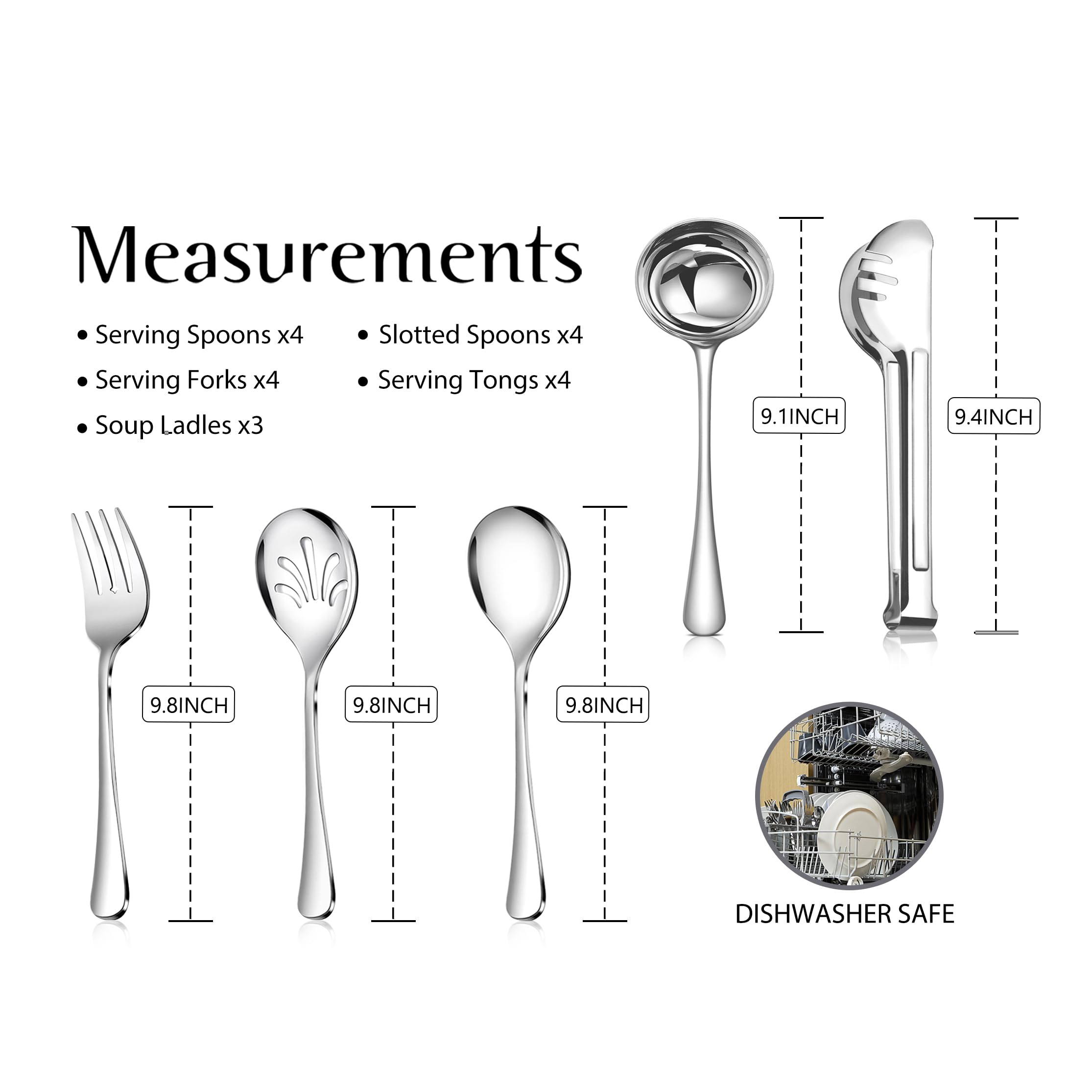 Teivio Stainless Steel Serving Utensils Set, Include Large Set of 19 Pieces - Serving Spoons, Slotted Spoons, Serving Forks, Serving Tongs and Soup Ladles, for Catering/Buffet/Chafing Dish (Silver)