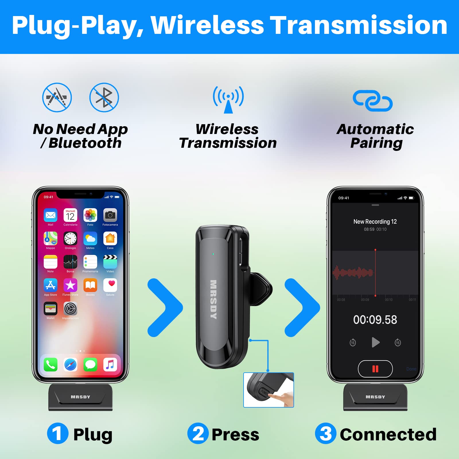 MRSDY 2 Pack Wireless Lavalier Microphone for iPhone iPad, Plug and Play Wireless Lapel Mini Mic with Noise Reduction, for Recording, Streaming, Interview, Video, Podcast, Vlog