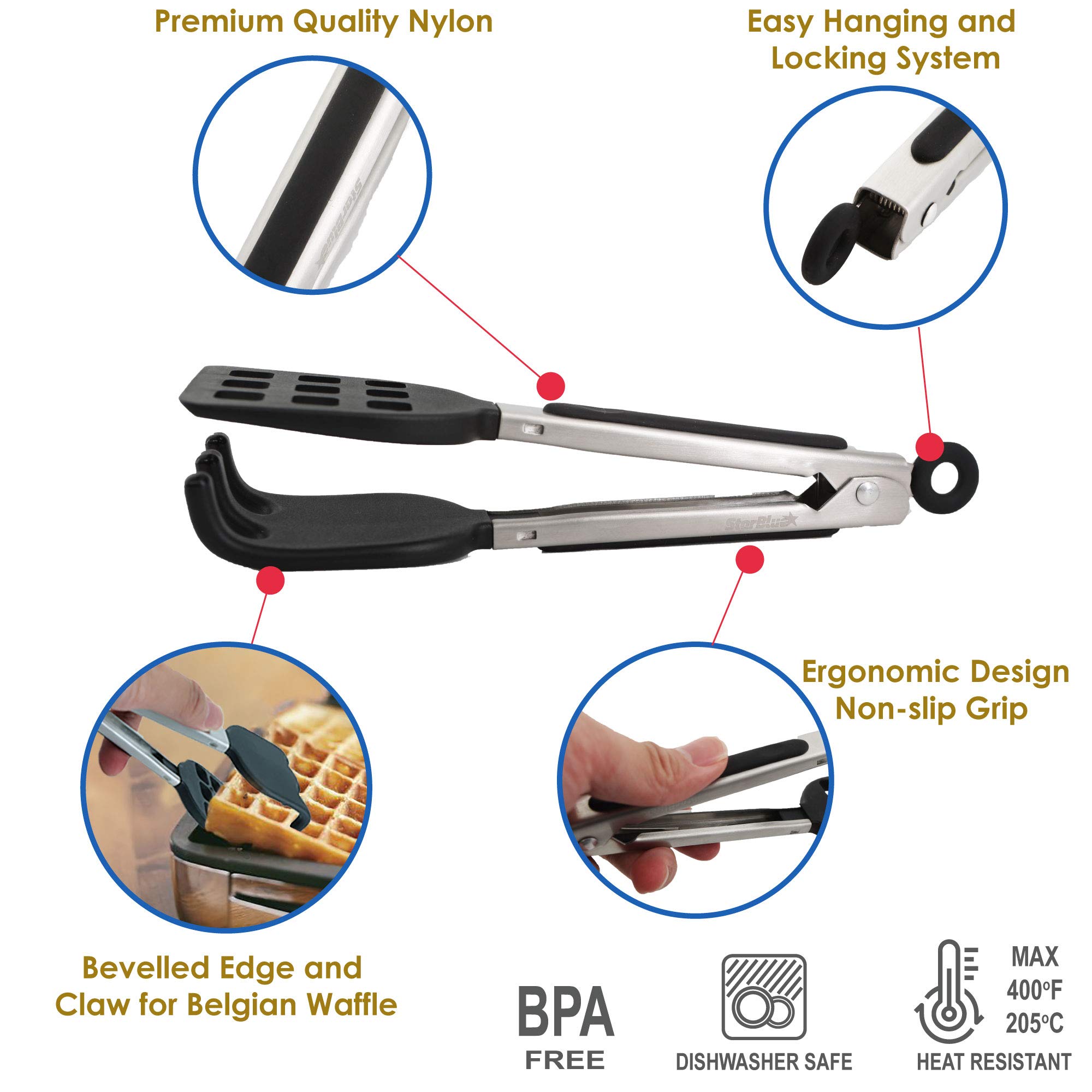Mini Waffle Tongs by StarBlue – 8 Inches Silicone and Nylon Serving Tongs with Non-Slip Smooth Handles, Non-Scratch and Dishwasher Safe, Multipurpose Spatula Tongs for Belgian Waffle Serving