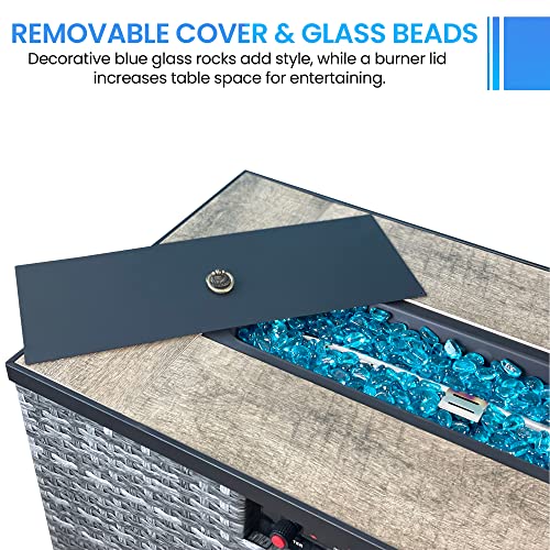 Modenzi Fire Pit Propane Gas Outdoor Rectangular Table Ceramic Tile Tabletop Handwoven PE Wicker with Auto Ignition, Lid, Weather Cover and Glass Beads (Grey)