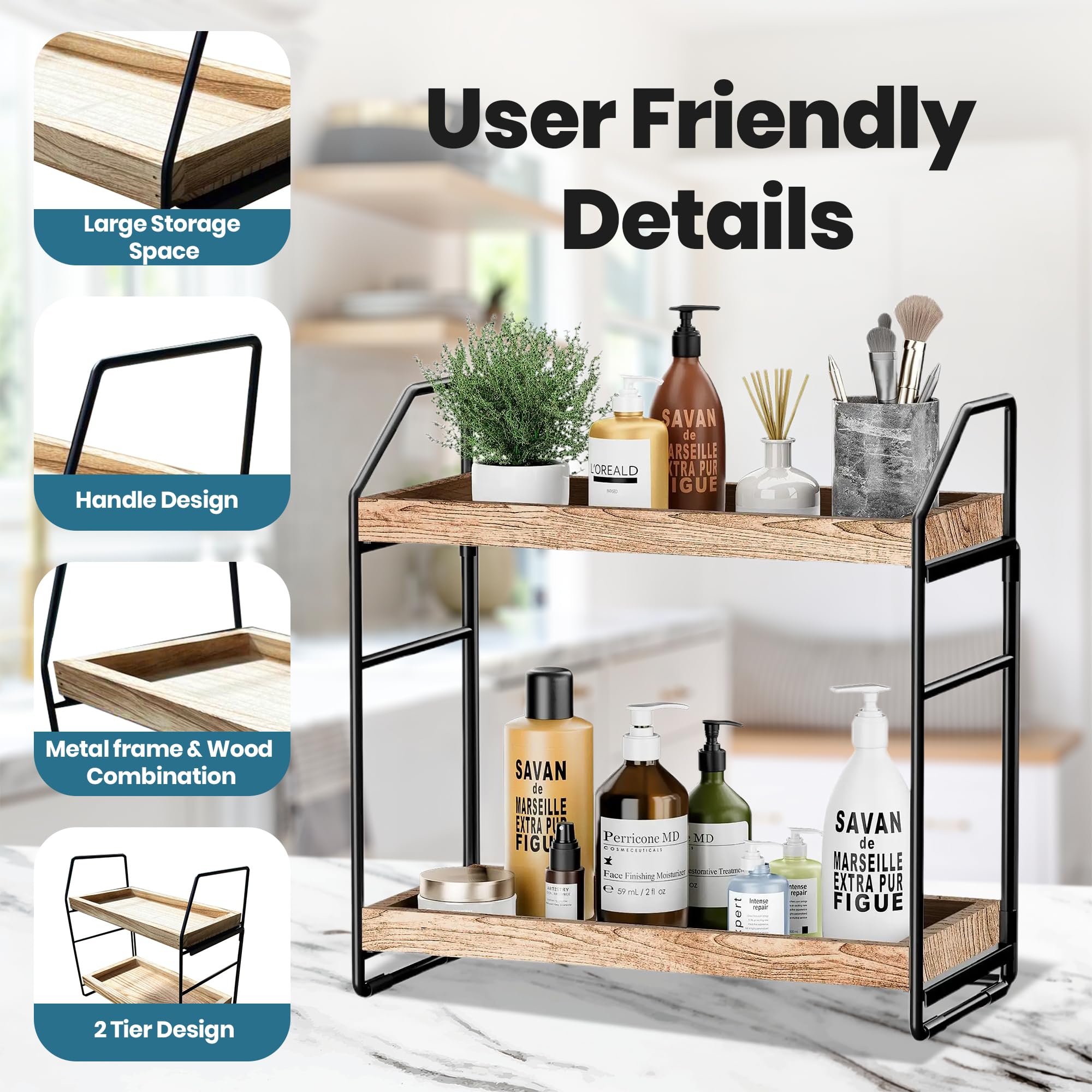 Queen Yasine 2-Tier Adjustable Bathroom Countertop Organizer with toilet paper holder β Quick Assembly, Solid Bamboo Wood Vanity Trays, Standing Cosmetic Storage Shelf for Bathroom, Bedroom or Kitchen