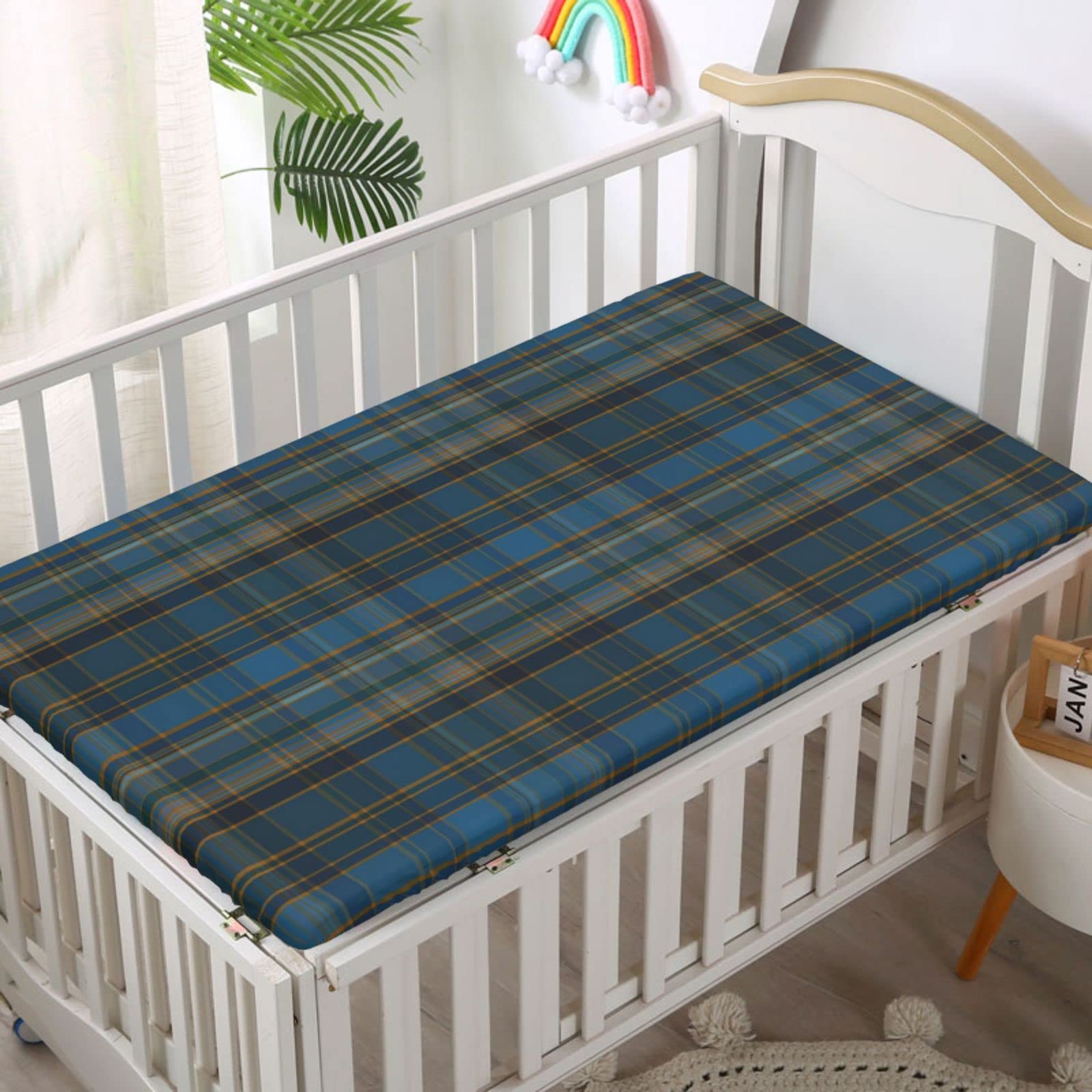 Plaid Themed Fitted Mini Crib Sheets,Portable Mini Crib Sheets Ultra Soft Material-Baby Sheet for Boys Girls,24β x38β,Pale Teal Marigold Blue