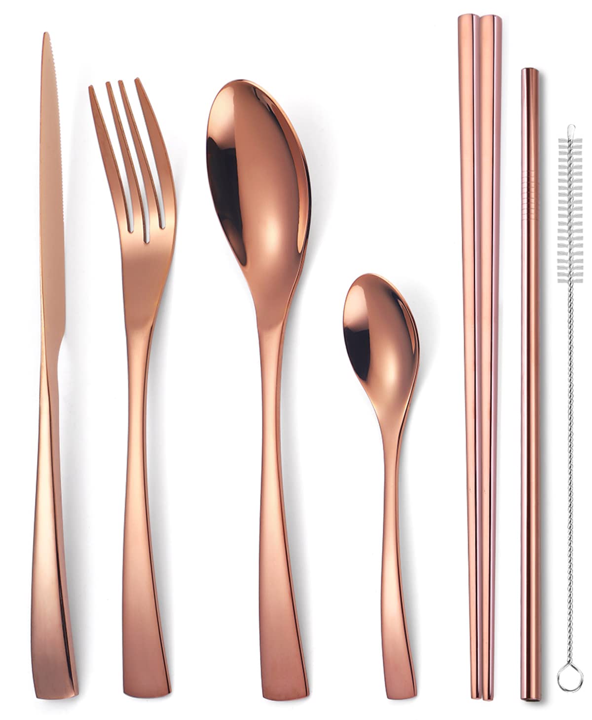 MURRI&MURRDI 7 Pieces Reusable Utensils Set with Case Portable Cutlery Set Stainless Steel Travel Utensils Including Knife Fork Spoon Chopsticks Straws Brush,Dishwasher Safe(7 Rose golden)