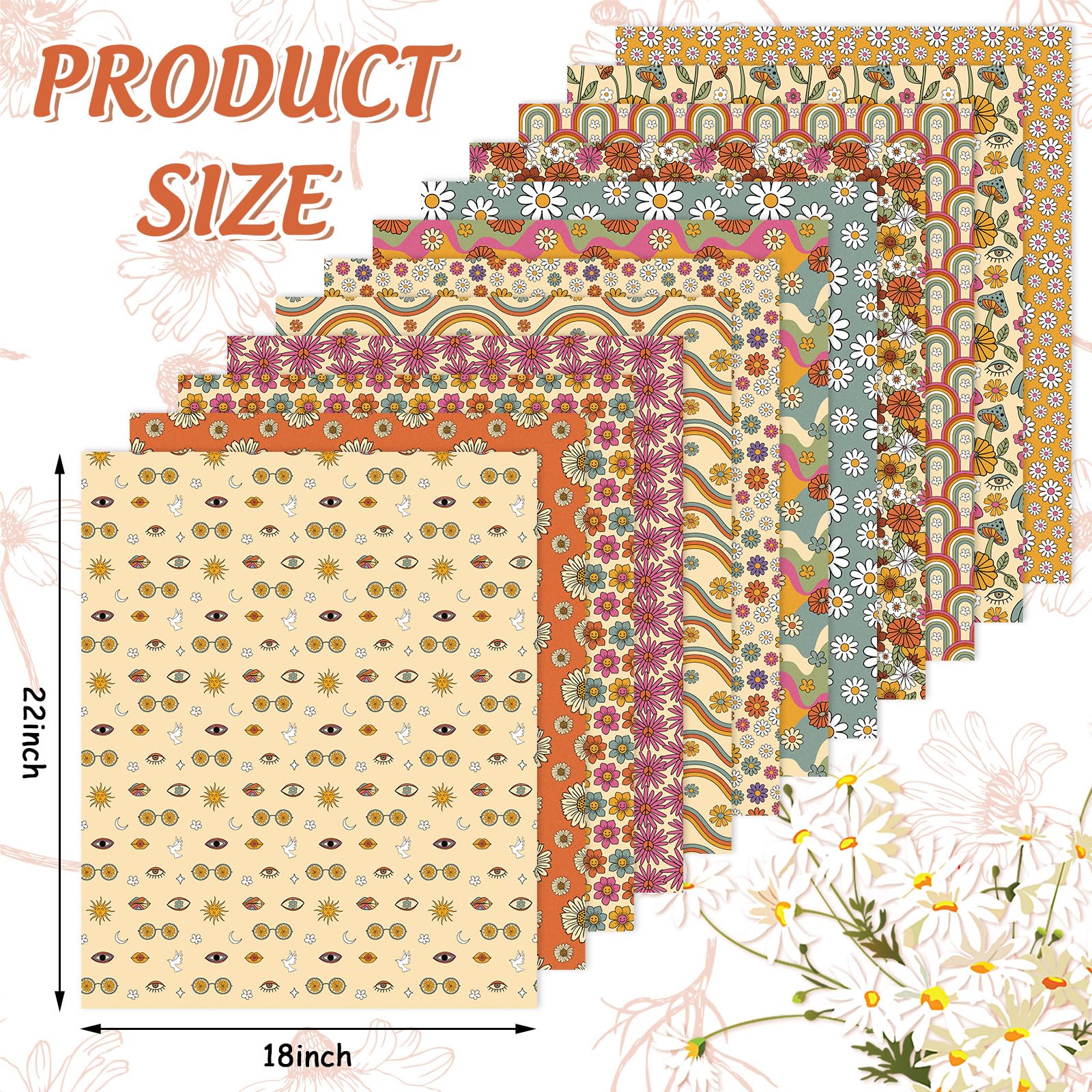Whaline 12Pcs Retro Floral Cotton Fabric Bundles Rose Pink Boho Flower Rainbow Fat Quarters Groovy Hippie Quilting Patchwork for DIY Handmade Crafting, 18 x 22 Inch