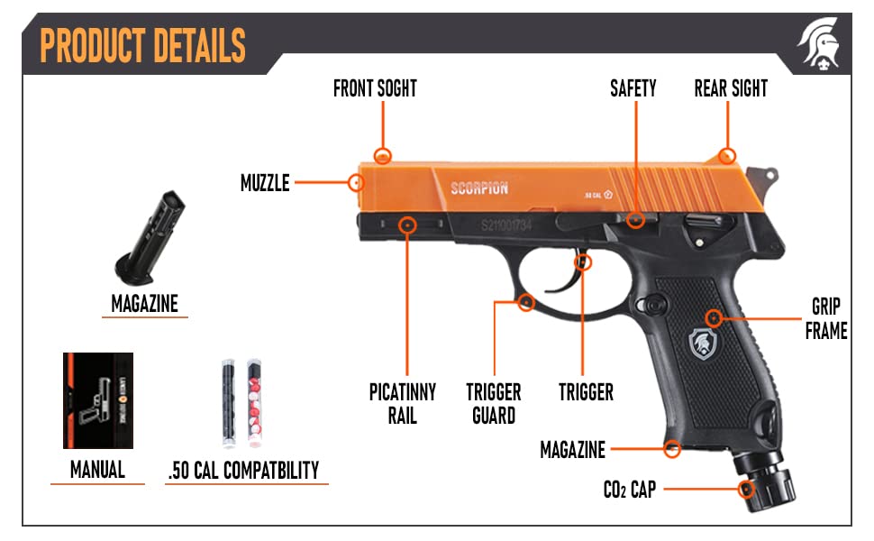Lancer Tactical Air Scorpion 0.5 Caliber CO2 Non-Blowback Pepper Projectile Gun for Self Defense-Less Lethal Weapon for Personal Protection - Complete Set with Two Mags, Pepper Balls, and CO2