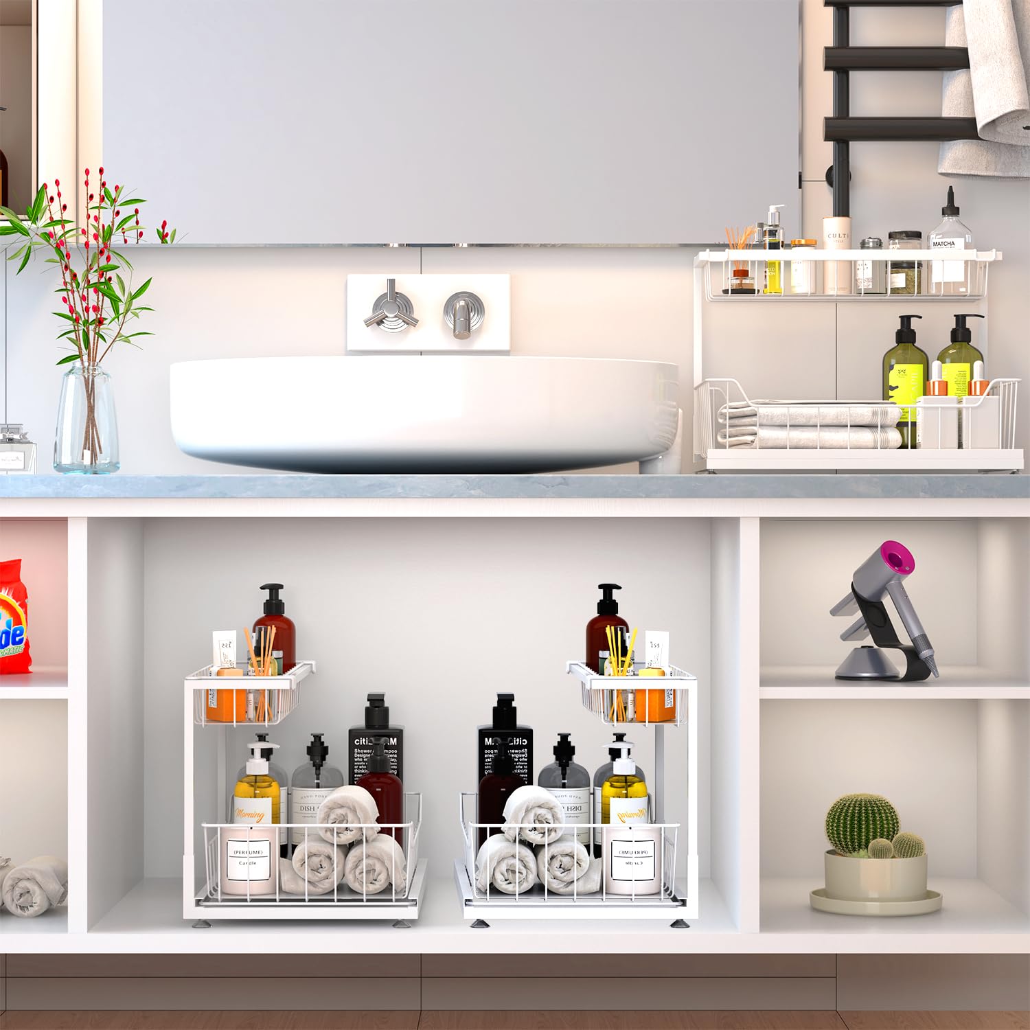 JTWEB Under Sink Organizer: L-Shaped Metal Pull Out, Ideal for Kitchen and Bathroom Sink Organization, Black