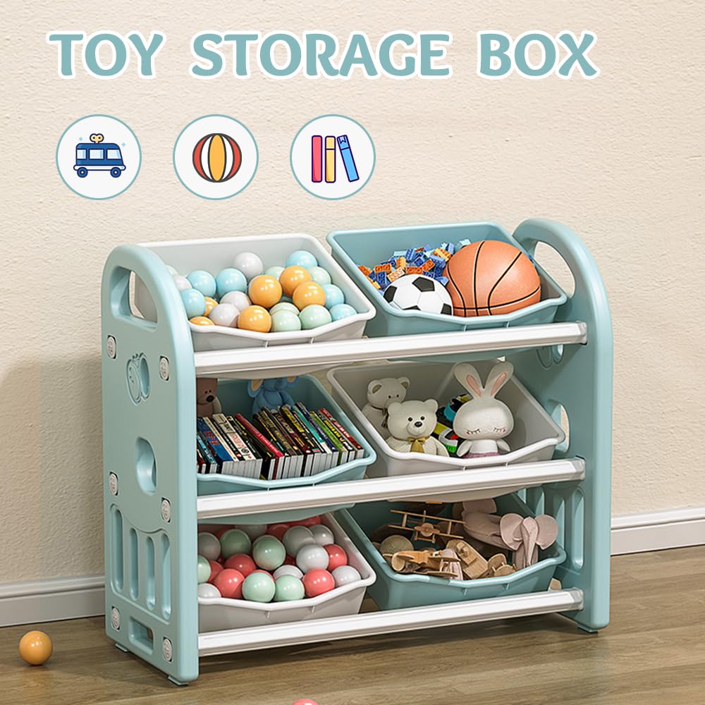 Kids Toy Storage Organizer, 3-Tier Multi-Functional Toy Shelf and 6 Toy Bins, Large Storage Capacity Toy Storage Cabinet for Kids Room, Playroom, Nursery Room(Light Blue)