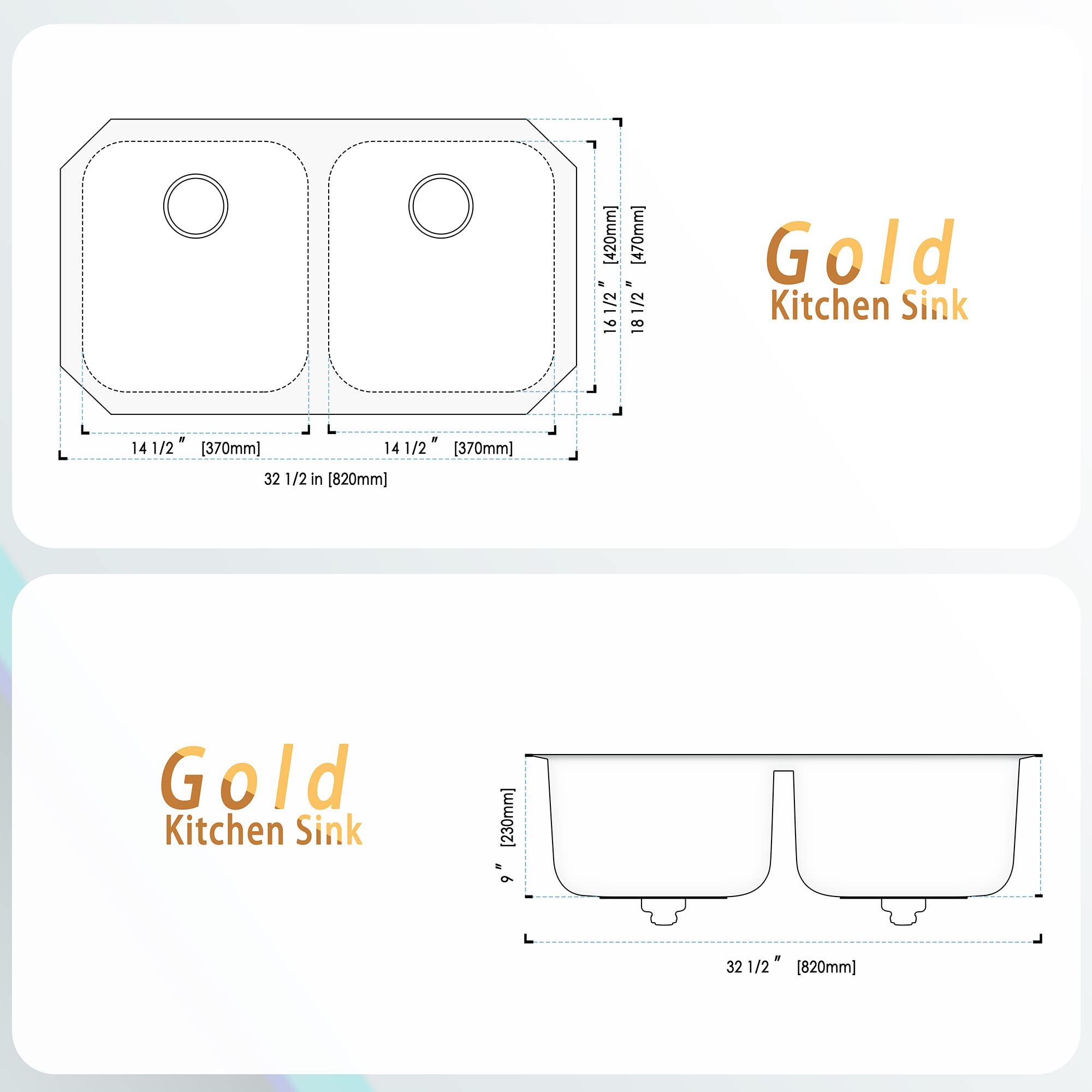 LQS Undermount Kitchen Sink 32” x 18”, Stainless Steel Kitchen Sink, Deep Kitchen Sink, 50/50 Double Bowl Stainless Steel Kitchen Sink with Accessories, Gold Kitchen Sink