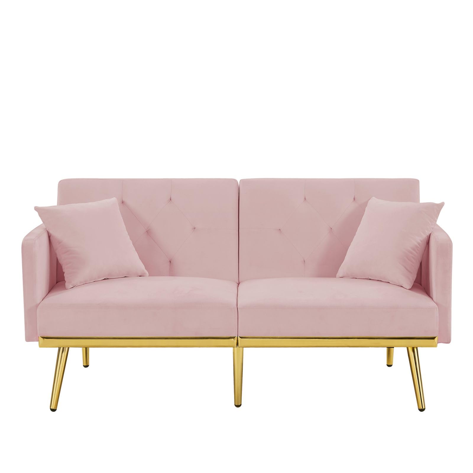 ROCKINGRUN 59'' Convertible Velvet Sofa Bed, Loveseat Sofa Bed with Metal Support Feet, Modern Comfy Loveseat Couch, Adjustable Backrest, Stylish Tufted Sofa Bed for Living Room, Bedroom (Pink)