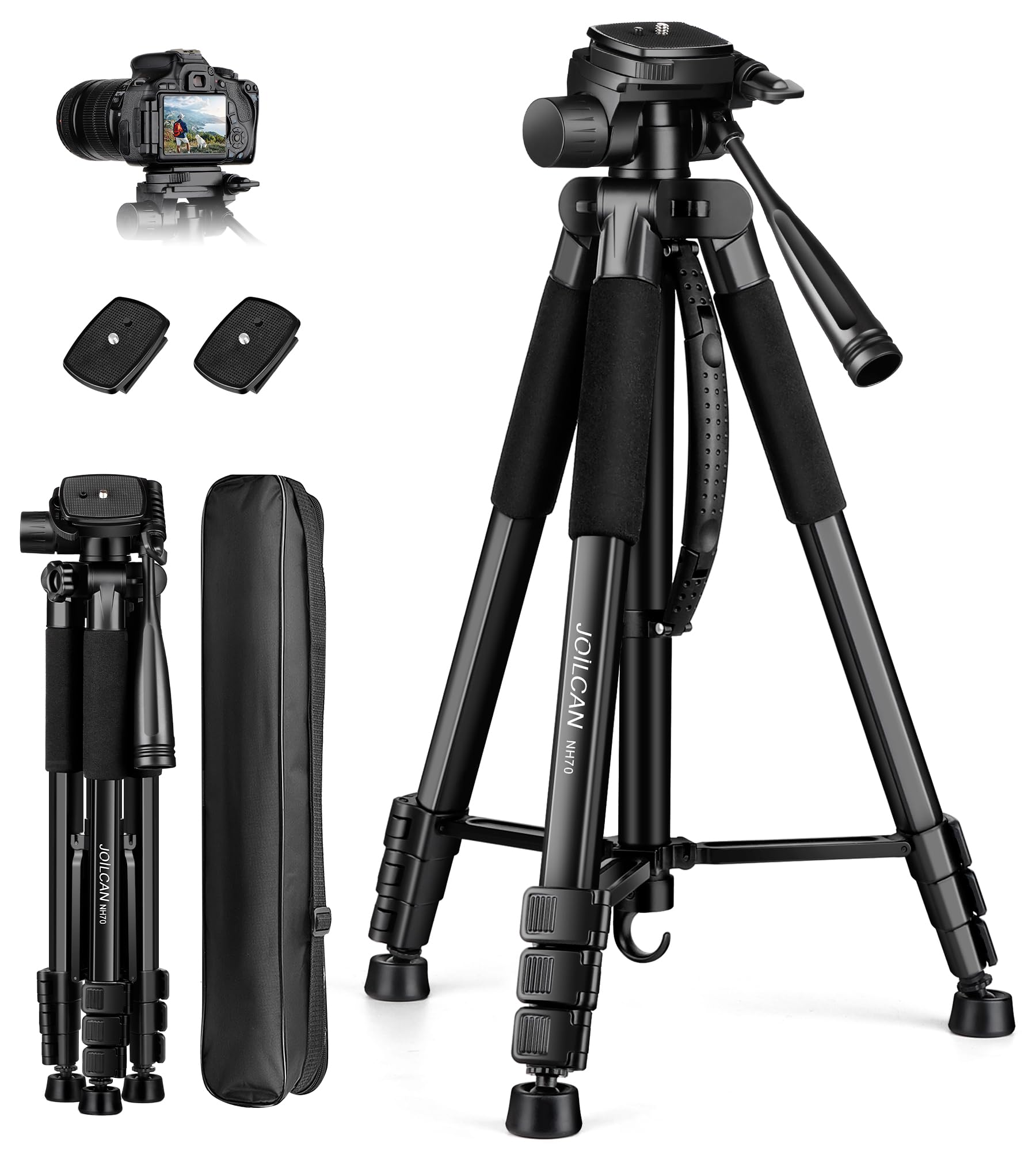JOILCAN Camera Tripod, Heavy Duty Tripod for Camera, 67" Phone Tripod for Video Recording Photo Vlogging, Aluminum Phone Tripod with Remote & Travel Bag for DSLR Camera Phone Projectors Lasers