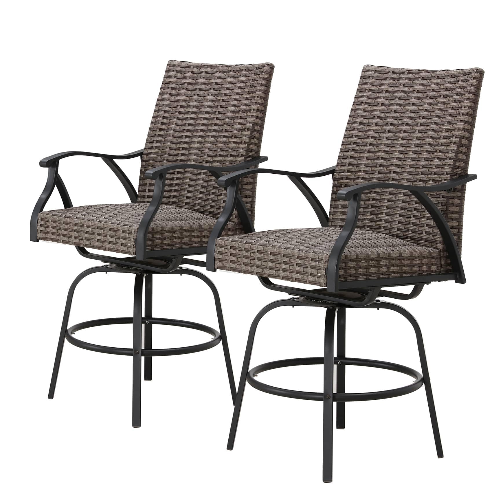 TOP HOME SPACE Patio Bar Stools High Back Outdoor Swivel Bar Height Stool Wicker Chairs Set of 2 with Built-in Cushion Metal Frame for Deck Porch Backyard