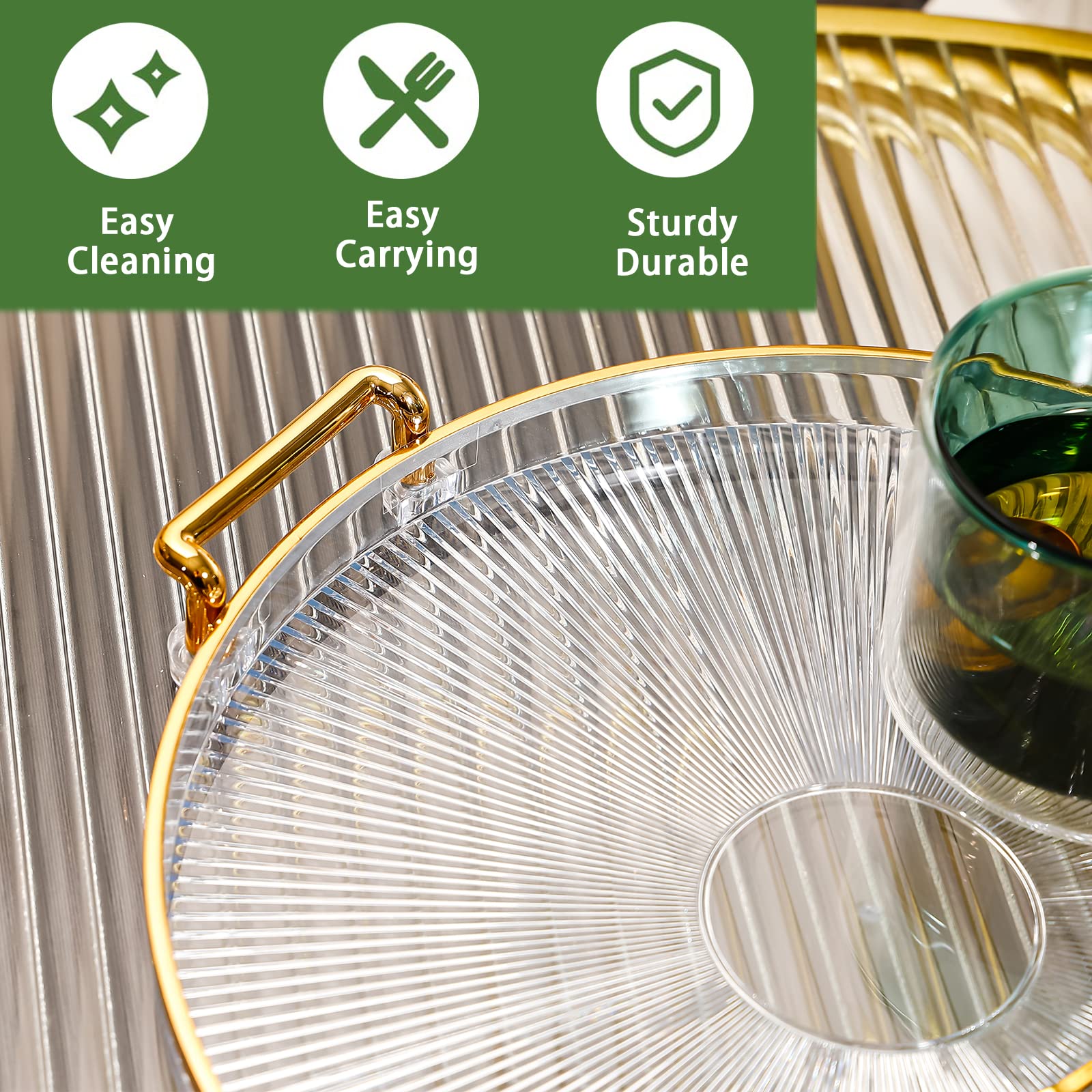 IWANGDS Round Serving Tray with Golden Handles and Golden Rim Border, Decorative Plastic Serving Tray for Living Room, Bathroom, Kitchen | Tray Decor for Party, Coffee Table, Display 10.63" (Amber)