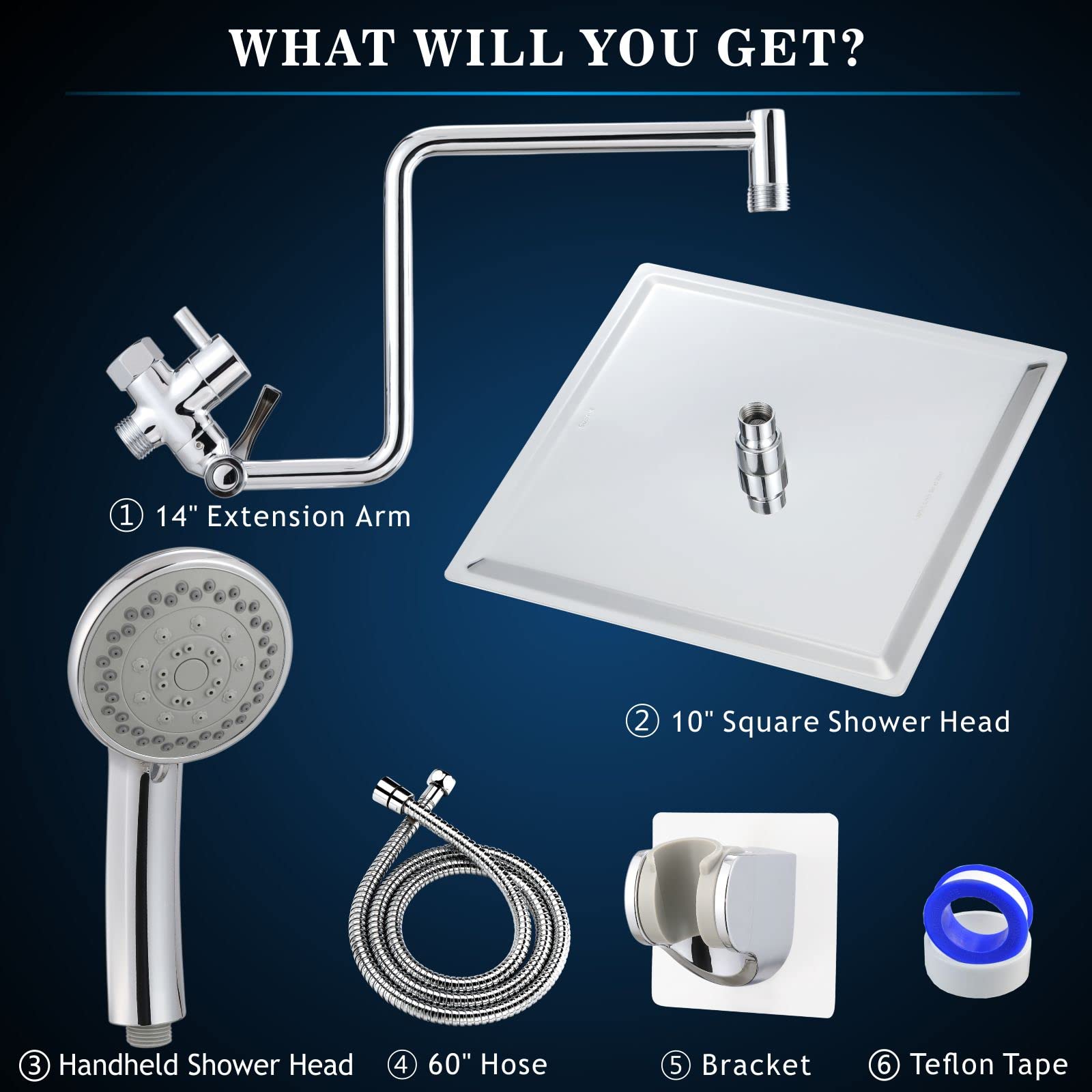 Nuodan Dual Shower Head, 10'' High Pressure Rain Shower Head / 5 Spray Handheld Showerhead Combo with 14'' Adjustable Shower Extension Arm, Hose and Adhesive Shower Holder (Chrome)