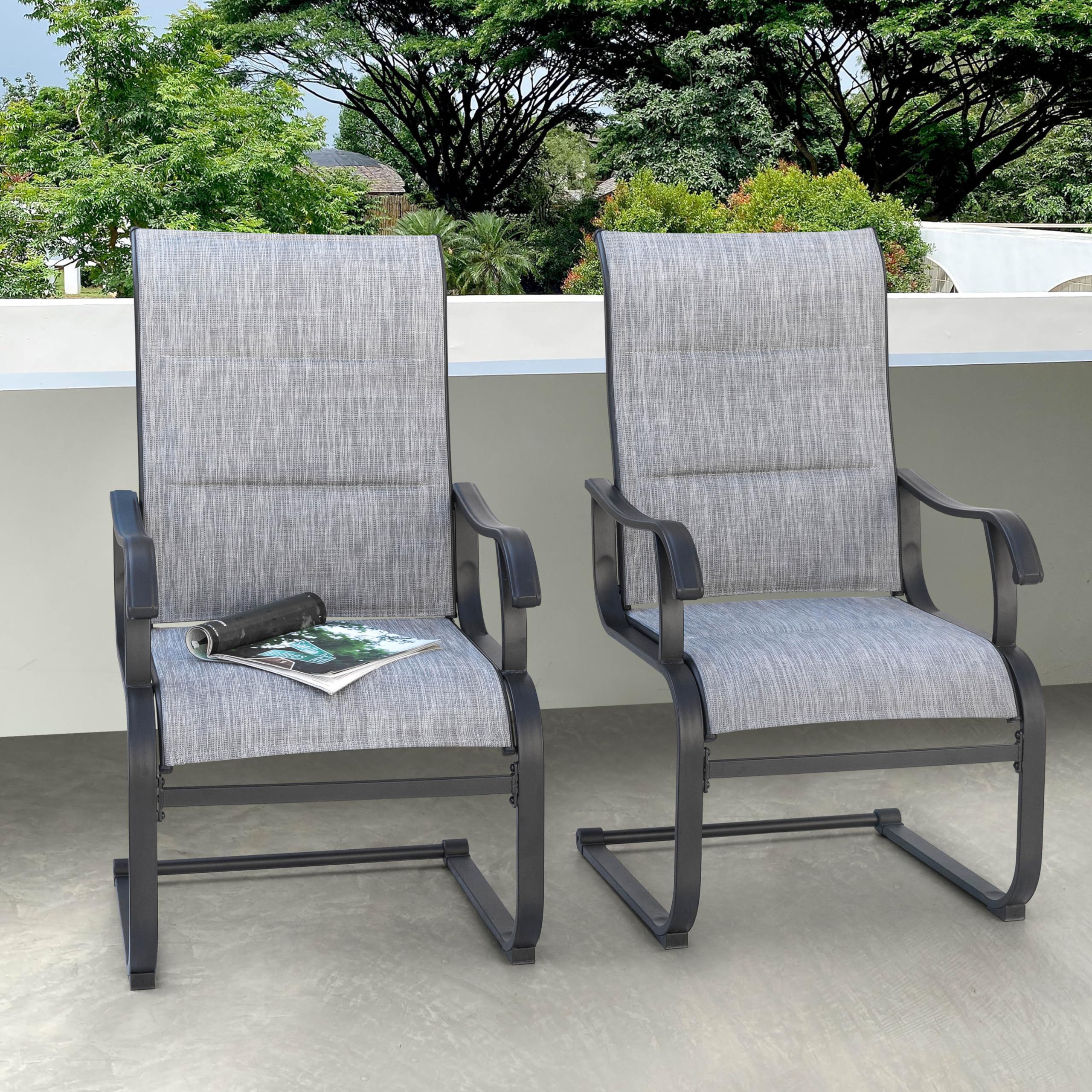 NUU GARDEN Outdoor Patio Dining Chairs Set of 2, Padded Textilene High Back Patio Chairs,All Weather Breathable Spring Motion Textile Outdoor Dining Chairs for Backyard,Deck, Lawn, Grey