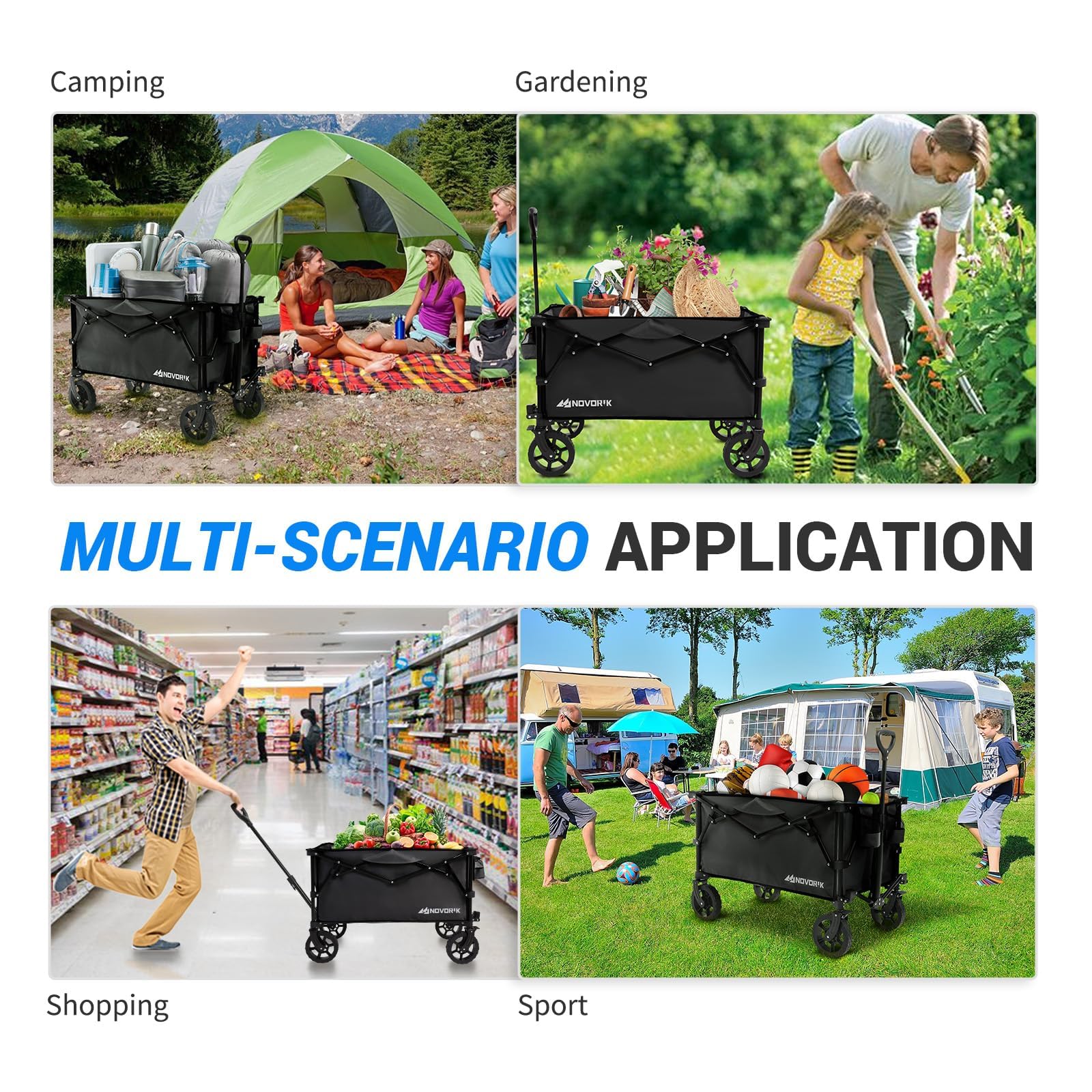 NOVORIK Collapsible Foldable Wagon Black, Folding Outdoor Utility Wagon 330lbs Weight Capacity, with All Terrain Wheels, Cup Holders, Adjustable Handle, Heavy Duty Cart for Camping, Shopping