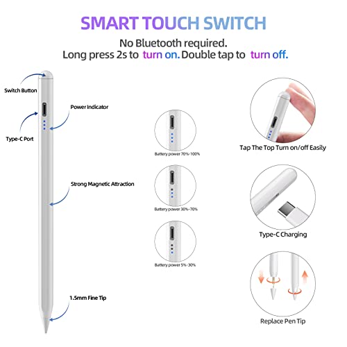 Stylus Pen for iPad, Apple Pencil for iPad 10th 9th Gen, Apple Pen iPad Pencil for iPad Air 5/4/3rd, iPad Pro 11/12.9 Inch, with Palm Rejection & Tilt Sensitivity, Magnetic Stylus iPad Pen, White