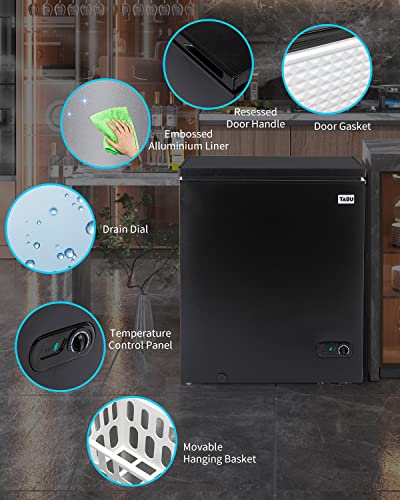 TABU Chest Freezer, 5.0 Cu Ft Deep Freezer with Removable Storage Basket, Black Top Open Door Freezer with 7 Level Adjustable Temperature, Compact Freezer with Top Open Door (Black)