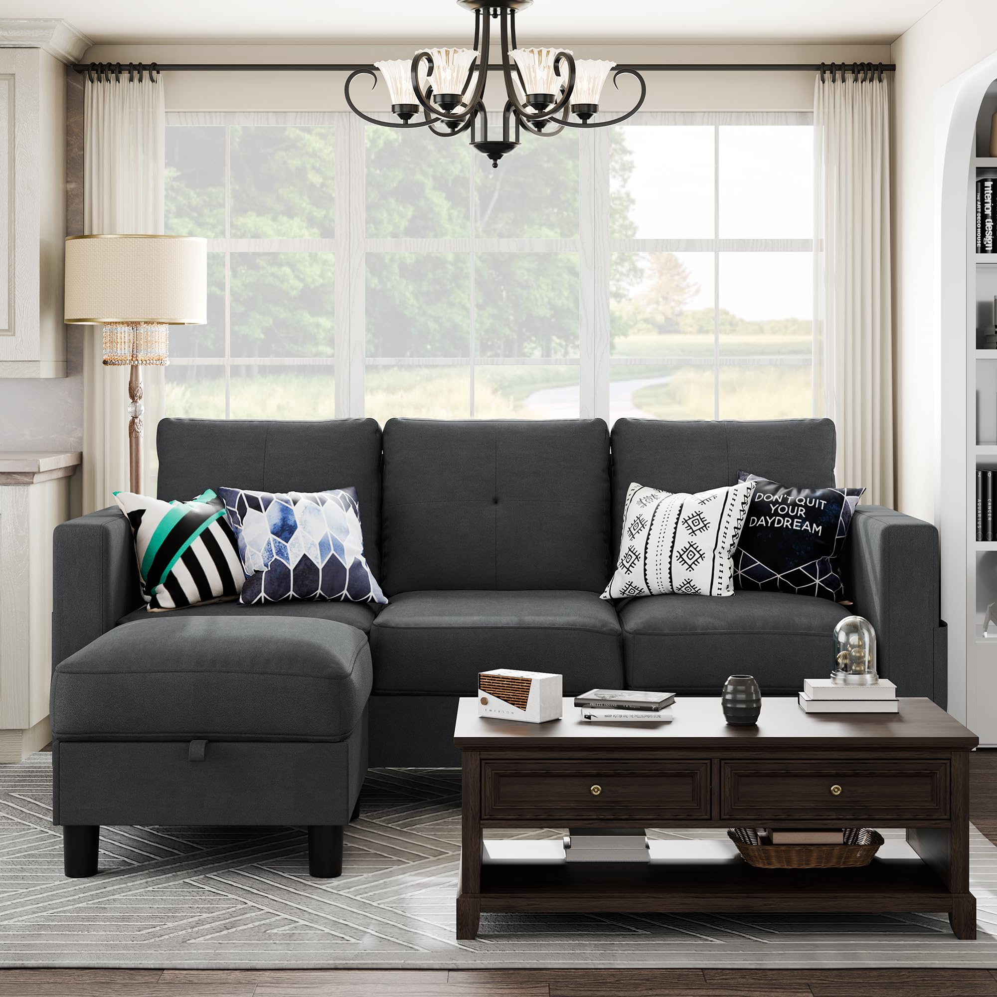 Shintenchi Convertible Sectional Sofa Couch, Modern Linen Fabric L-Shaped, 3-Seat Sofa Sectional with Storage Function Ottoman/Armrest Reversible Chaise for Living Room and Small Space (Black)