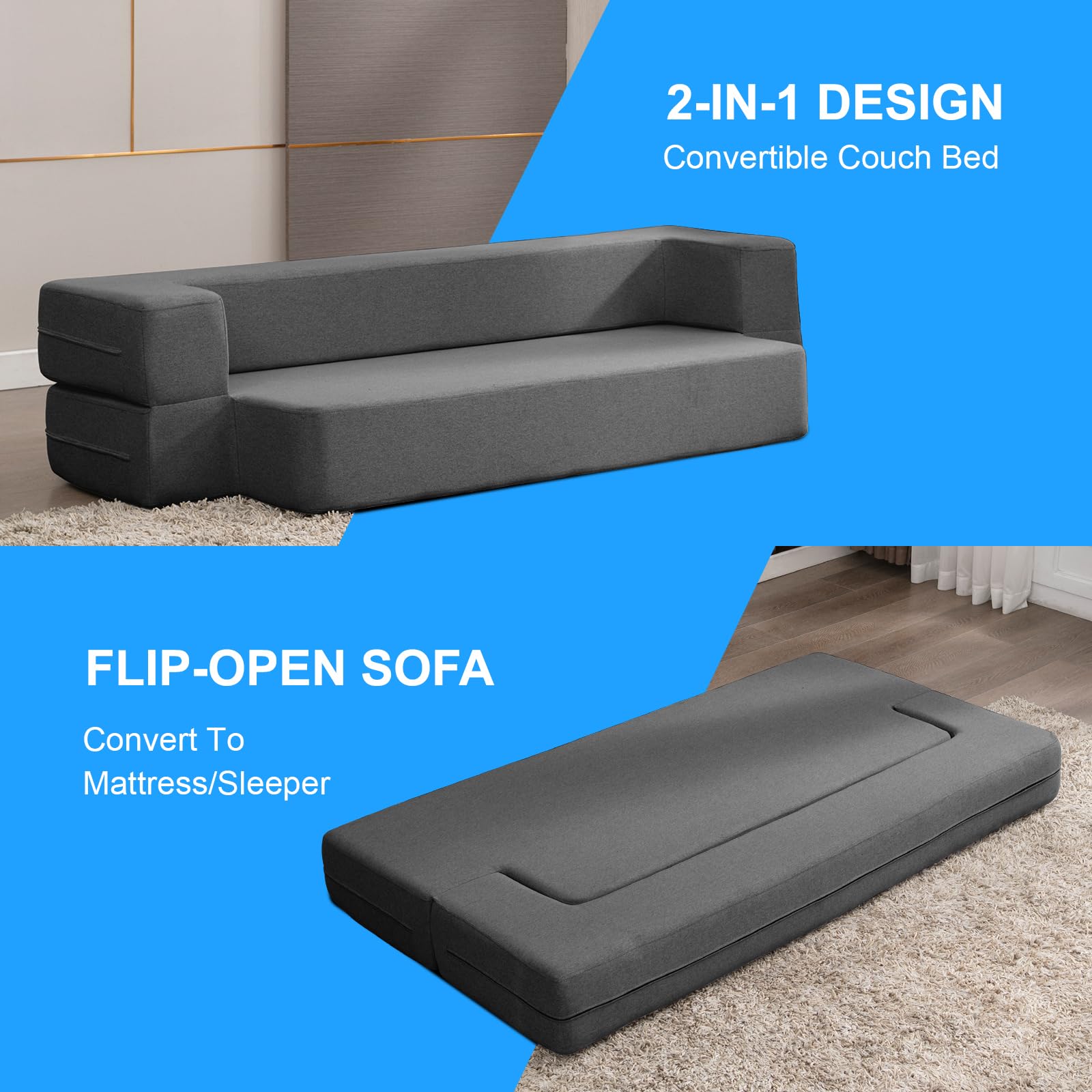 PUREMIND 2-in-1 Queen Convertible Couch Bed, Folding Floor Sofa Bed, Fold Out Floor Sleeper Sofa Couch for Living Room/Guest Room/Home Office Dark Grey