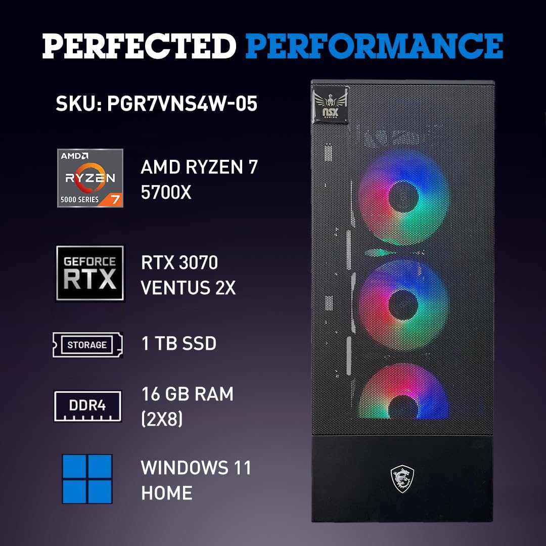 NSX Gaming Xtreme Liquid Cool Gaming Desktop AMD Ryzen 7 5700X, RTX 3070 Ventus 2X, 16 GB Ram (2x8) SSD de 1 Tb, Mouse & Keyboard Gamer, WiFi USB-C, Win 11 Home, prebuilt Gaming pc R7 core Power