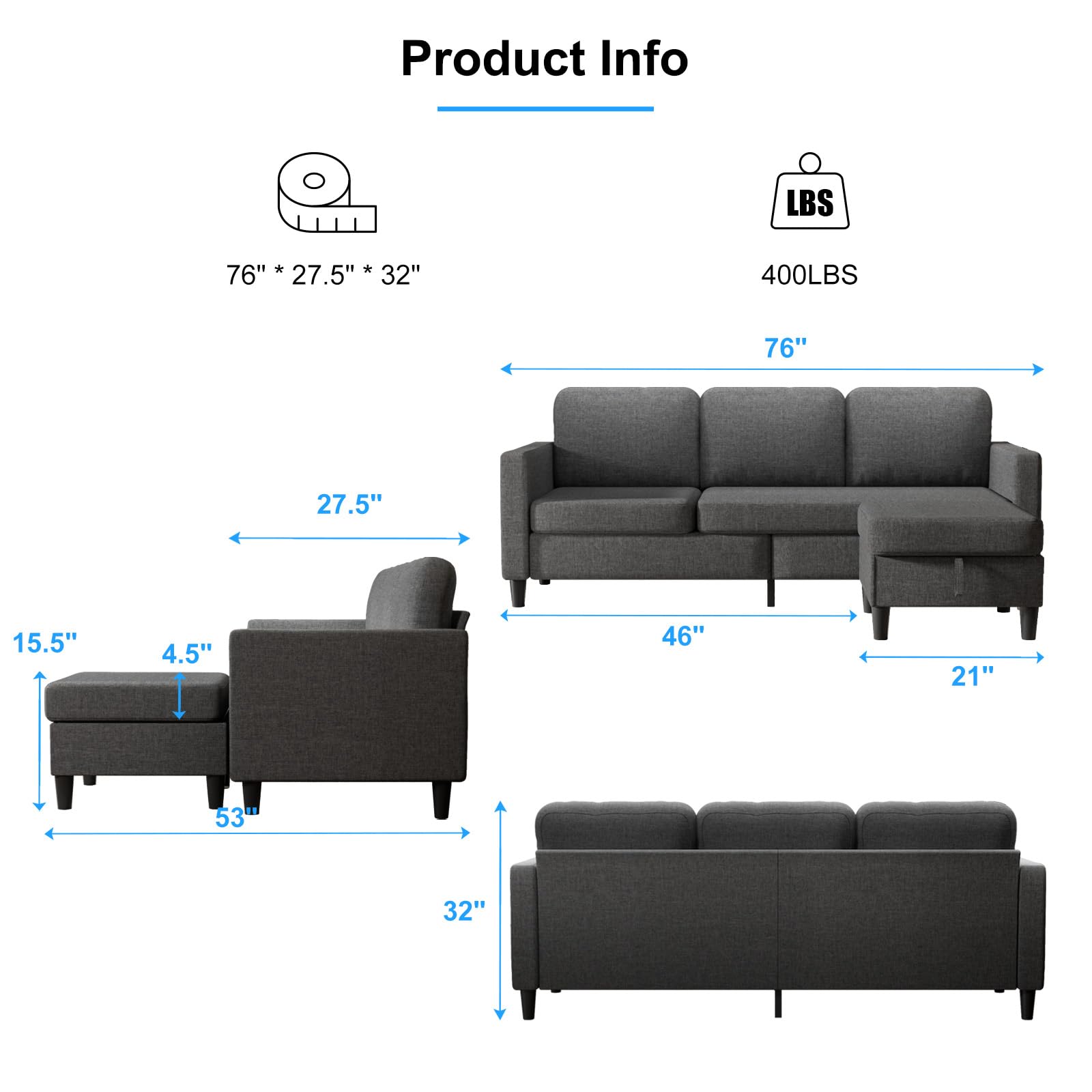 PUREMIND 76 Inches Sectional Sofa Couch, Linen Fabric L-Shaped Couch, 3-Seat Sofa with Reversible Storage Ottoman for Living Room, Apartment and Small Space (Beige)