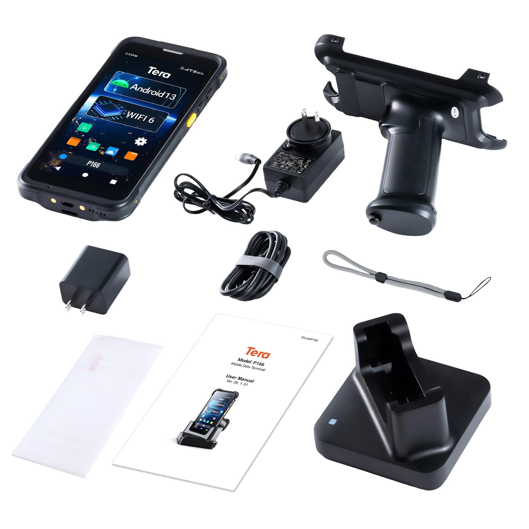 Tera Android 13 Barcode Scanner PDA: with Pistol Grip Charge Cradle Wi-Fi 6 Qualcomm CPU SE4710 Zebra Scanner Data Terminial 5.5β Full Touch Screen IP65 Rugged 4G GPS BT for WMS Management P166GC
