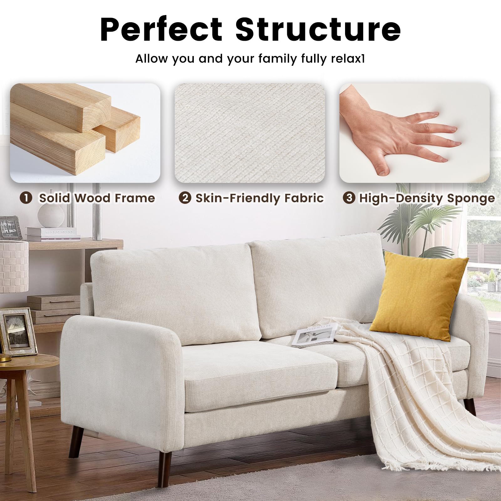 RIHEREFY 69'' Loveseat Sofa Couch, Small Couches for Small Space with Removable Backrest & Wooden Legs,Small Loveseat Sofa with Soft Cushion for Living Room,Bedroom, Apartment(Beige)