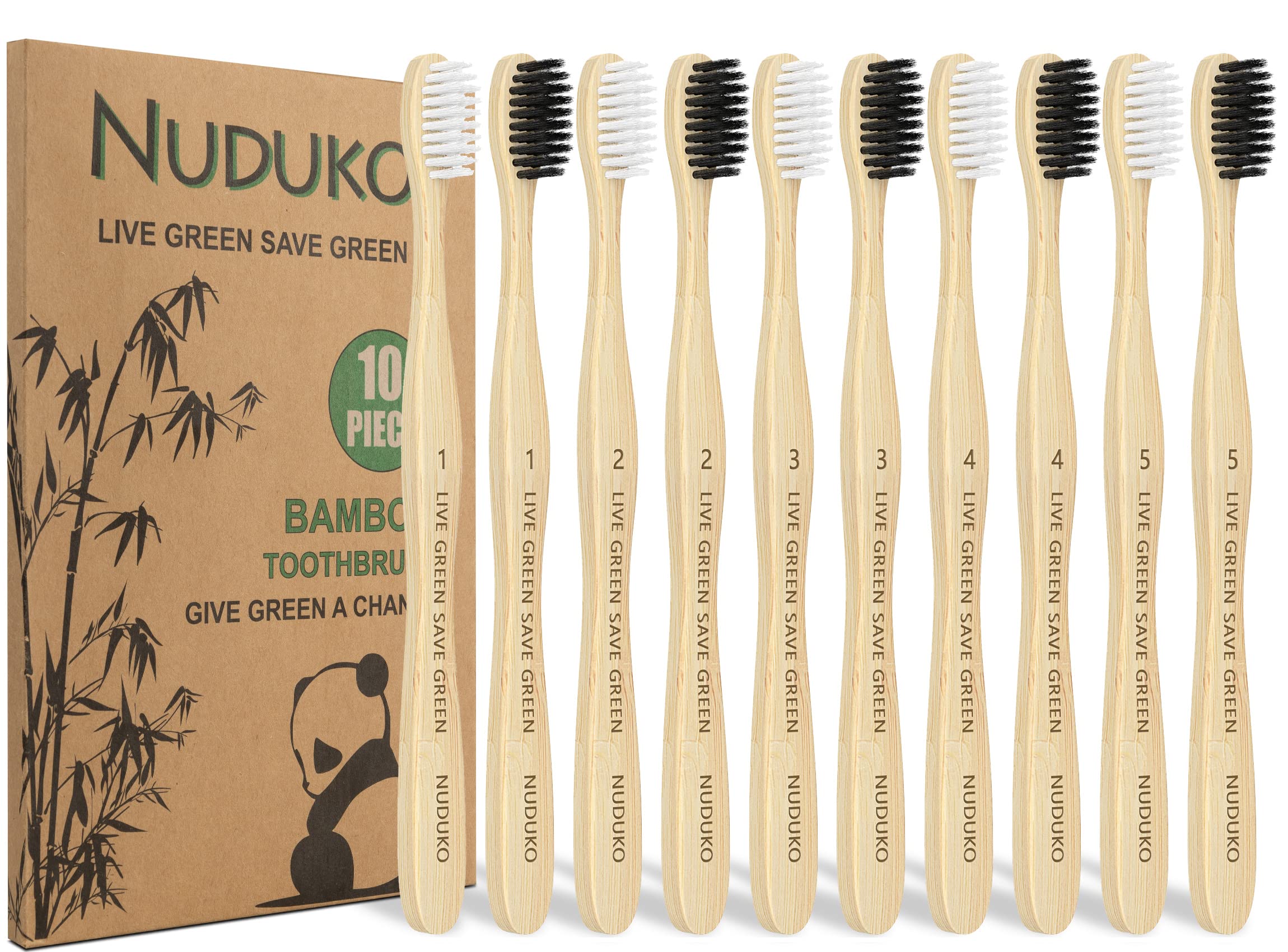 NUDUKO Biodegradable Bamboo Toothbrushes, Wooden Toothbrush 10 Pack, Multicolor BPA Free Soft Bristles Tooth Brush, Eco-Friendly Natural Green and Compostable Tooth Brushes