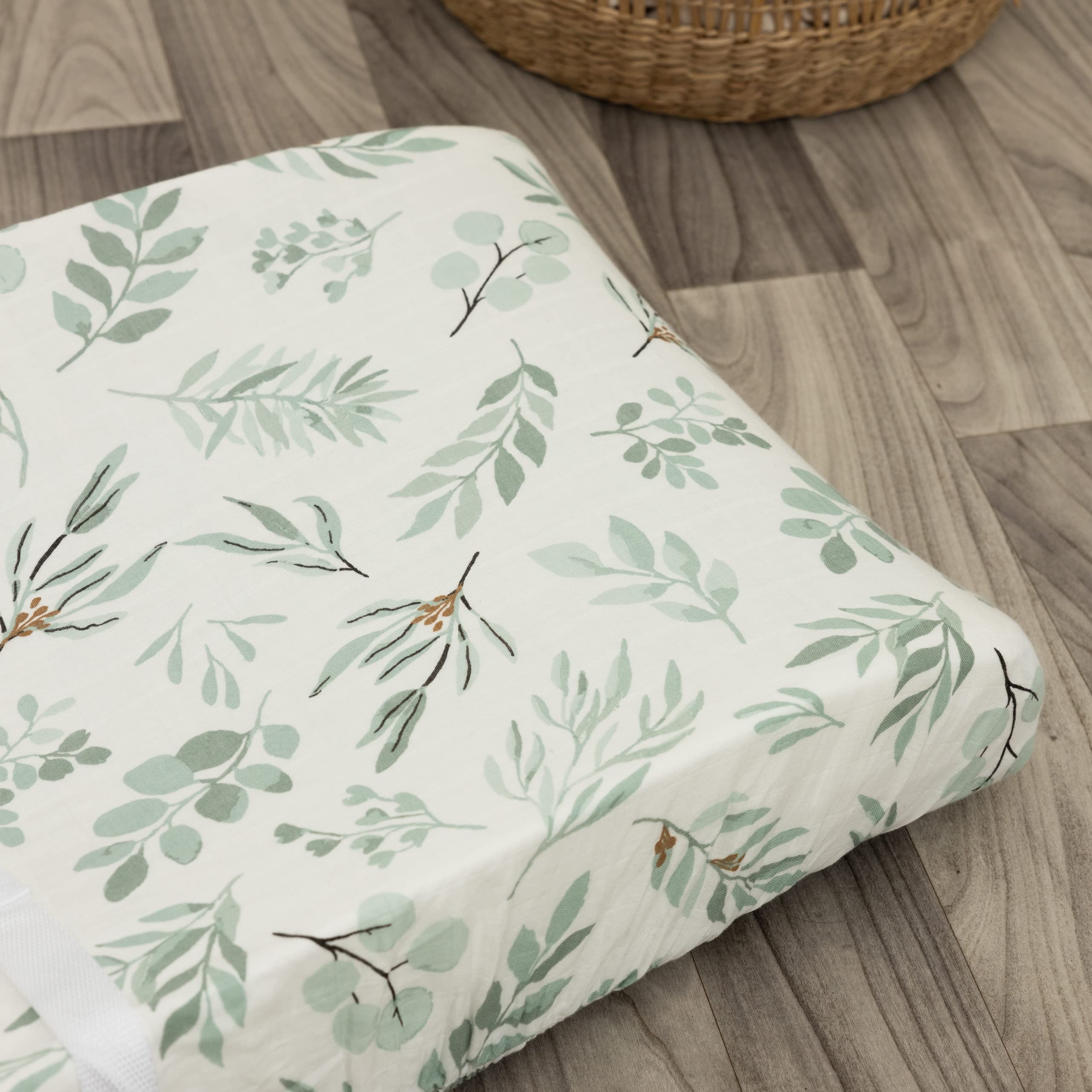 Organic Muslin Changing Pad Cover - Fitted Baby Changing Mat, Soft and Breathable, Eucalyptus Leaves, 16βx32β