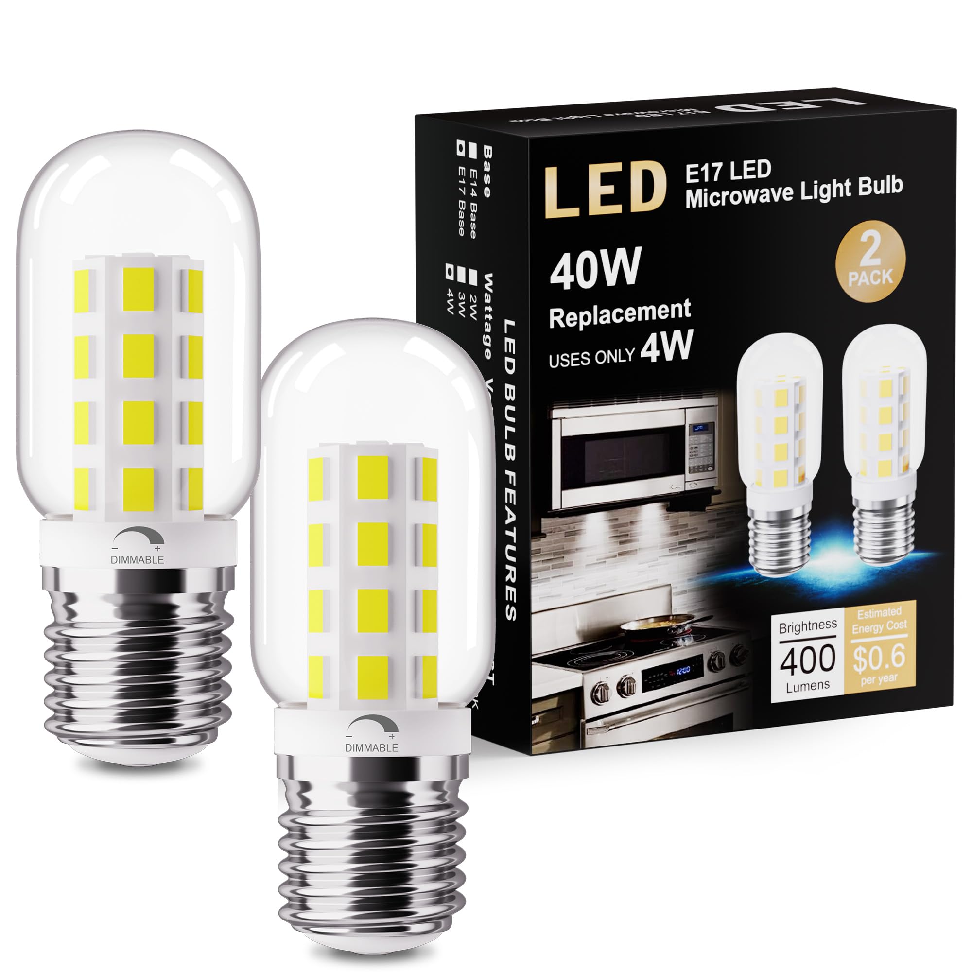 winshine Microwave Light Bulbs Under Hood, Dimmable E17 LED Bulb, 3000K Warm White, 40 Watt Appliance Bulb for Refrigerator, Range Hood, Stove Hood, Oven Light Bulb 4W, 400LM, CRI 90, 2 Pack