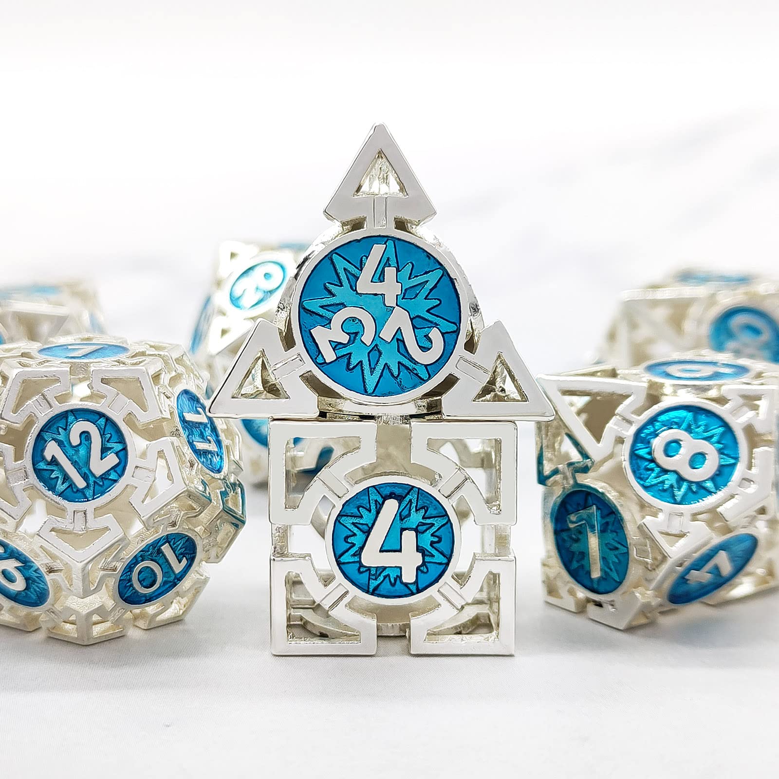 Metal Hollow DND Dice Set Polyhedral Dice D&D RPG Dungeons and Dragons Dice Board Games D and D Role Playing Dice Pathfinder Dice MTG Giant with Gift Box D20 D12 D10 D8 D6 D4 Silver Blue