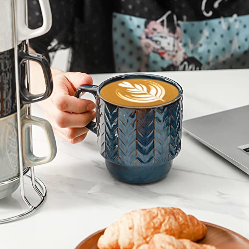 KOOV Ceramic Coffee Mug Set with Stand, 16 oz Coffee Mug for Coffee, Tea, Cocoa, Stackable Ceramic Coffee Cup Set of 4, Large Coffee Mugs for Women, Men, Big Coffee Mug Set of 4 (Blueset)
