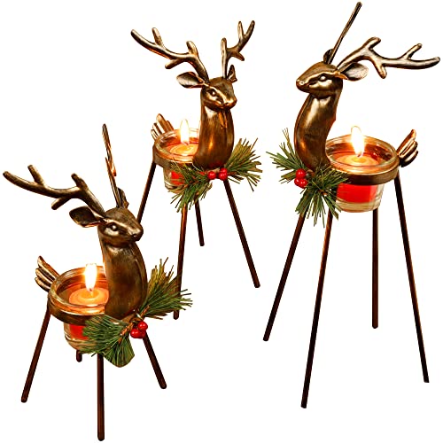 Juegoal Set of 3 Reindeer Tealight Candle Holders, Standing Iron Metal Christmas Decorations, Glass Votive Candle Holder, Durable and Rust-Proof Holiday Tabletop Centerpiece and Display