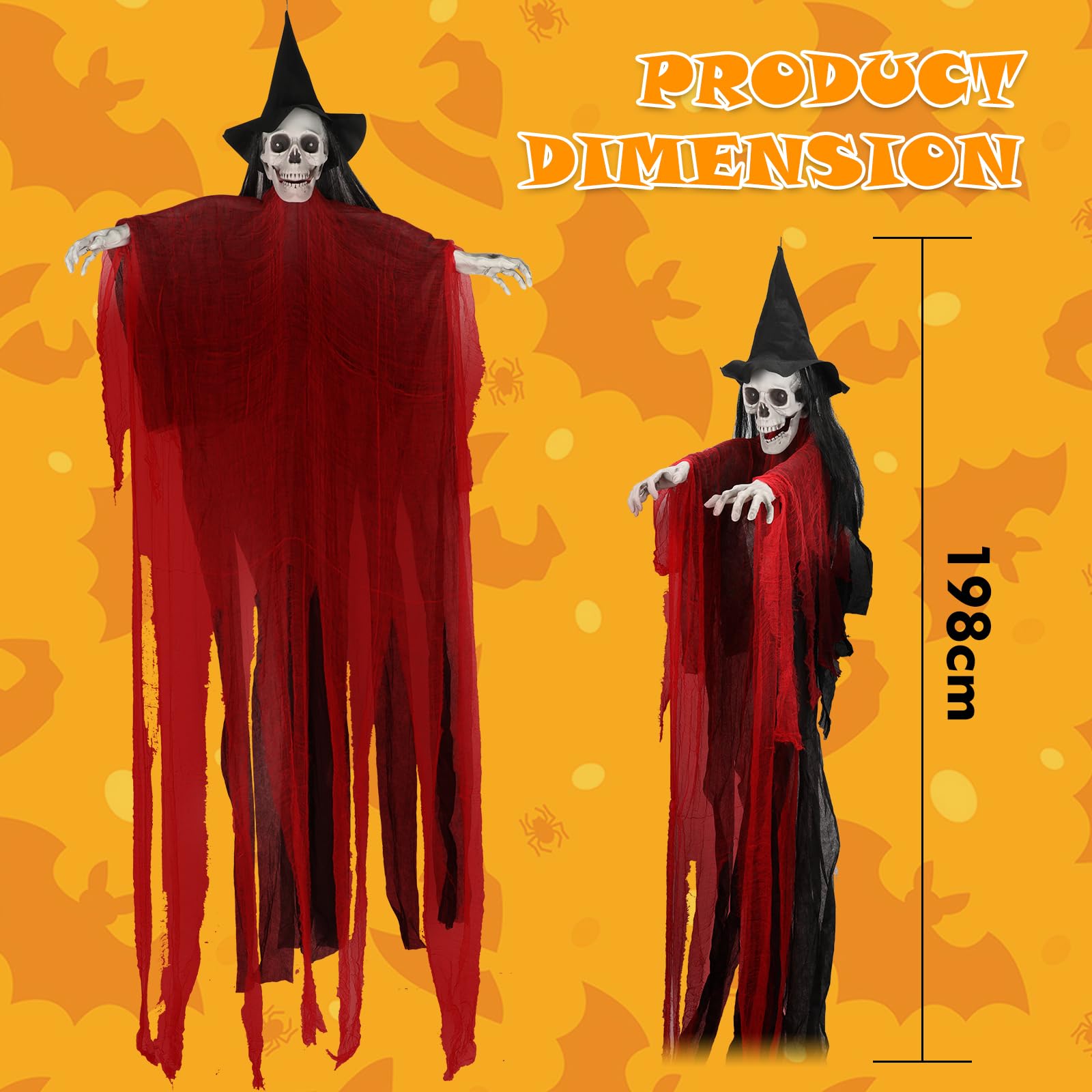 Lemon Legend Hallowen Decorations Outdoor - 78” Moving Life-Size Skeleton Witch with Glowing Eyes & Chilling Sounds - Sound & Touch Activated Sensor - Animatronic Scary Props Decor for Halloween
