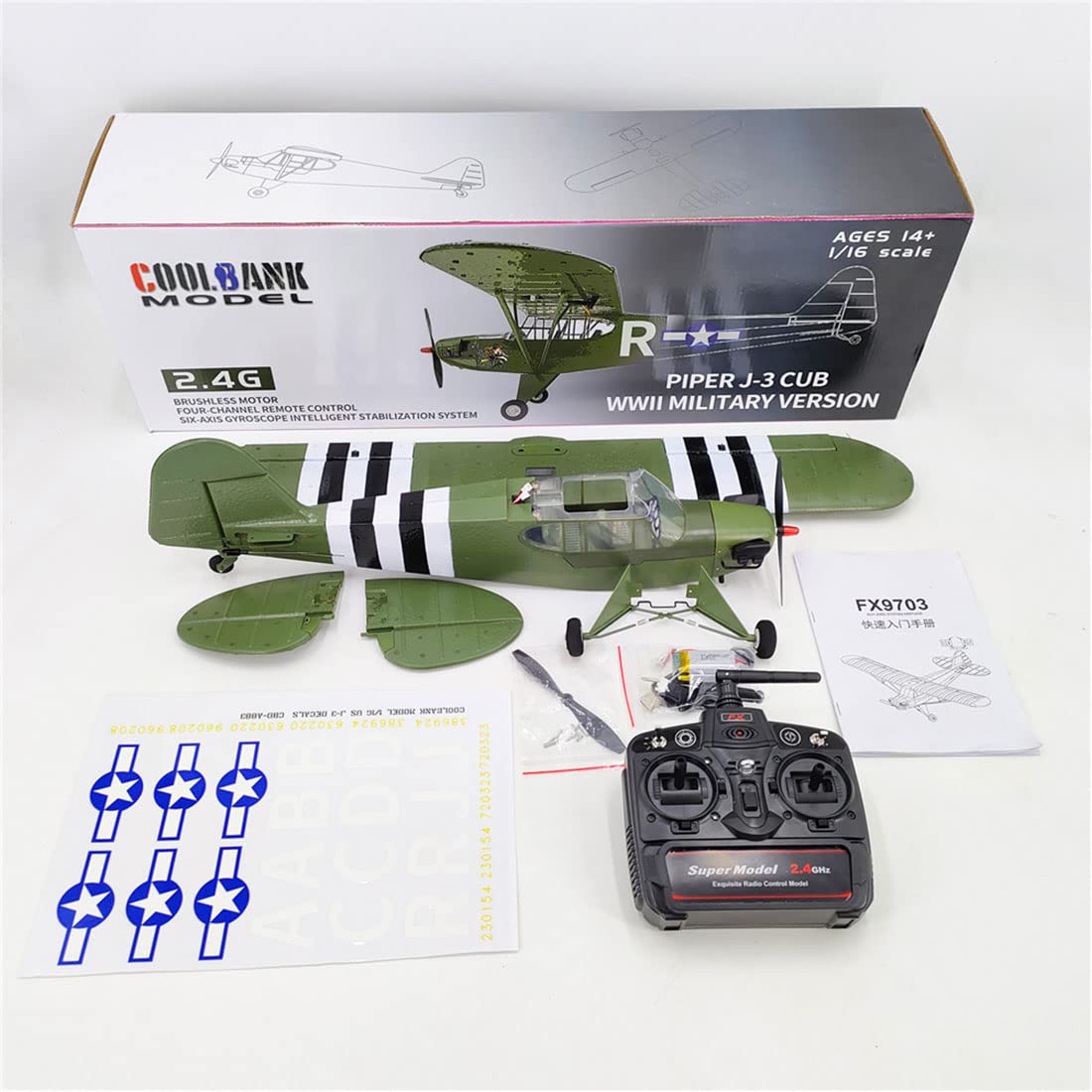 Lingxuinfo Remote Control Airplane Model, 1/16 WWII Piper J-3 CUB RC 4CH Brushless Fixed-Wing Aircraft Model Kit, Military Plane Model Toy for Kids and Adults, Easy to Fly-RTF Version