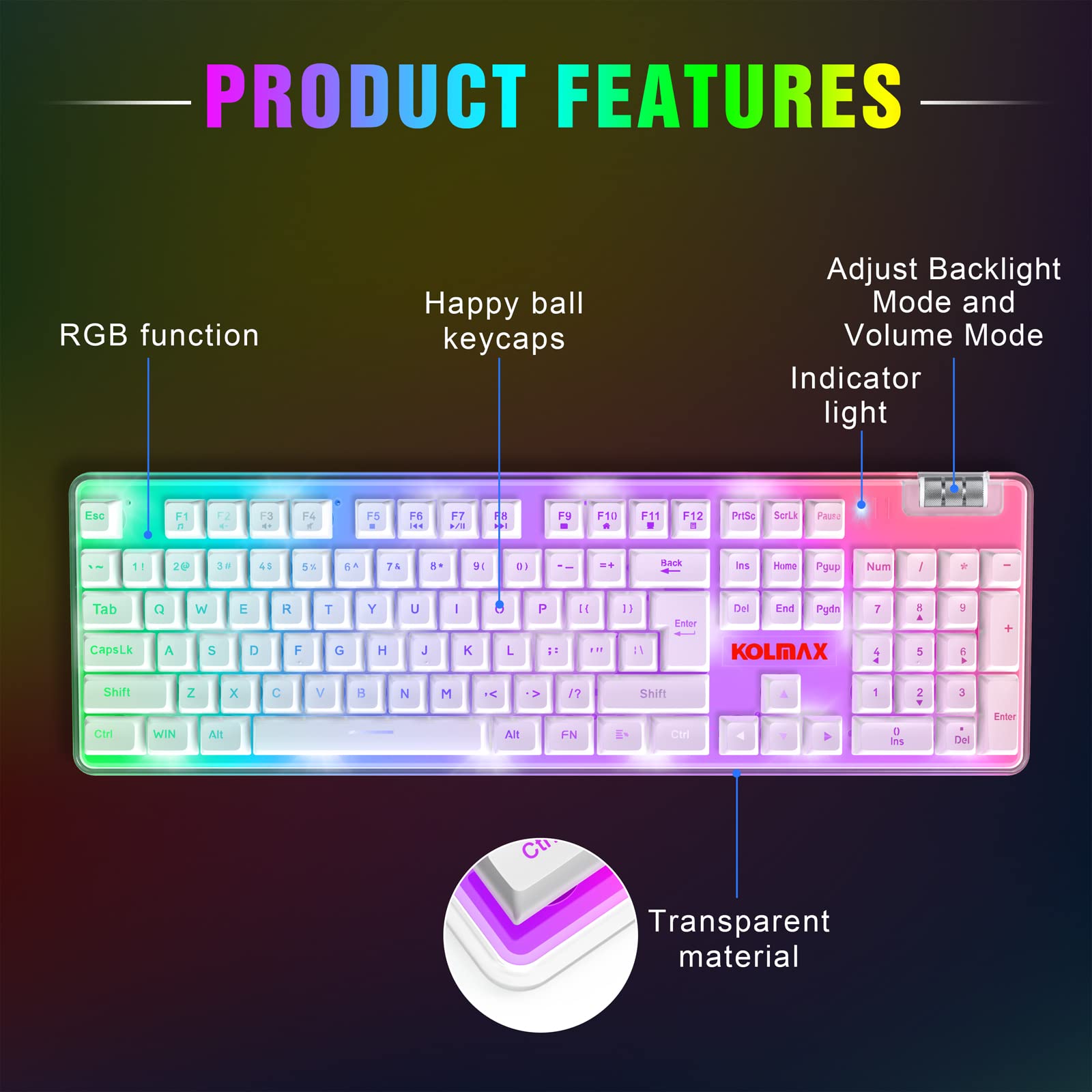 KOLMAX K10 Wireless Gaming Keyboard and Mouse Combo,Rechargeable 2.4G Transparent RGB Backlit Mechanical Feel Keyboard with PBT Keycap,Ergonomic Wireless Office Keyboard Mouse Set for PC Mac Win