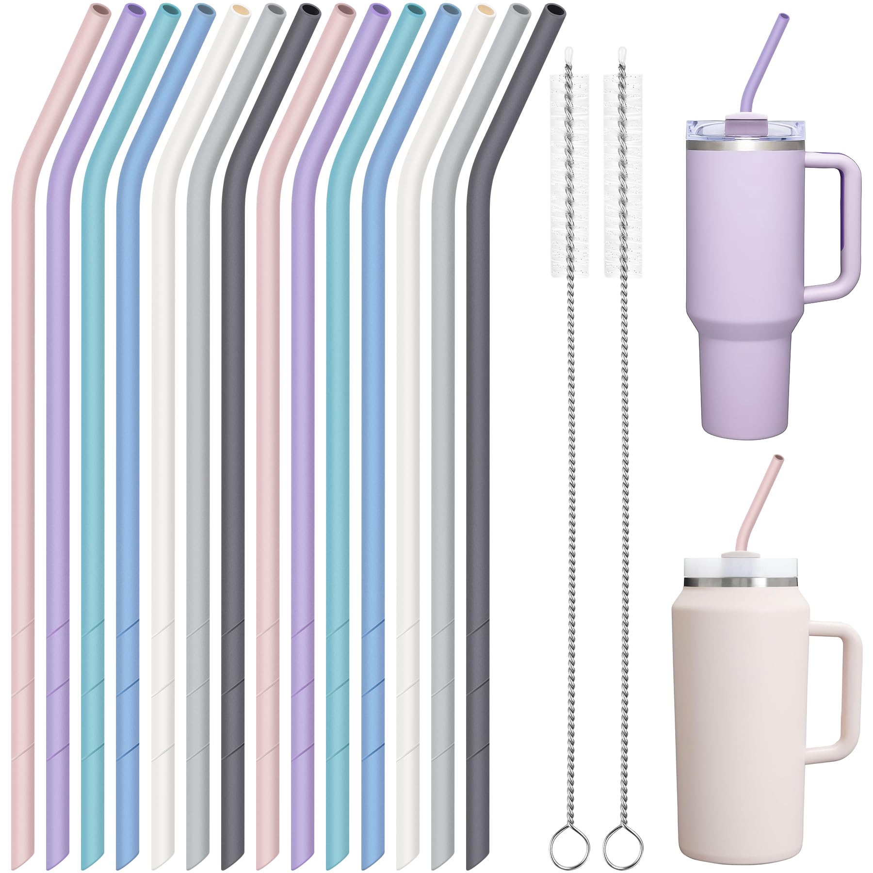 NiHome 14PCS Silicone Straws for Stanley 40oz 30oz Tumbler, 14” Extra Long Reusable Drinking Straw, Flexible Can Cut Length for 1/Half Gallon 75 64 OZ Large Water Bottle - 2 Cleaning Brushes (Rainbow)