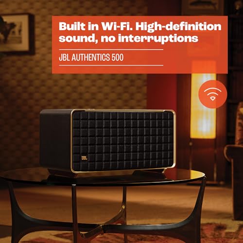 JBL Authentics 500 - Retro Style Home Speaker with Bluetooth, Voice Control, and Dolby Atmos, Multi Room Playback, Built in Alexa and Google Assistant, Automatic self tuning
