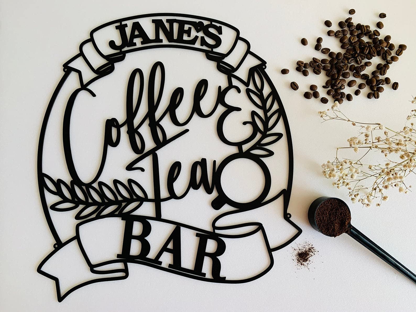 Personalized Coffee and Tea Bar Metal Name Sign Custom Laser Cut Cup Coffee Housewarming Gift for Mom, Grandma, Coffee Lover Metal Wall Art Home Decor Kitchen Sign Hanging Decorations Coffee Station