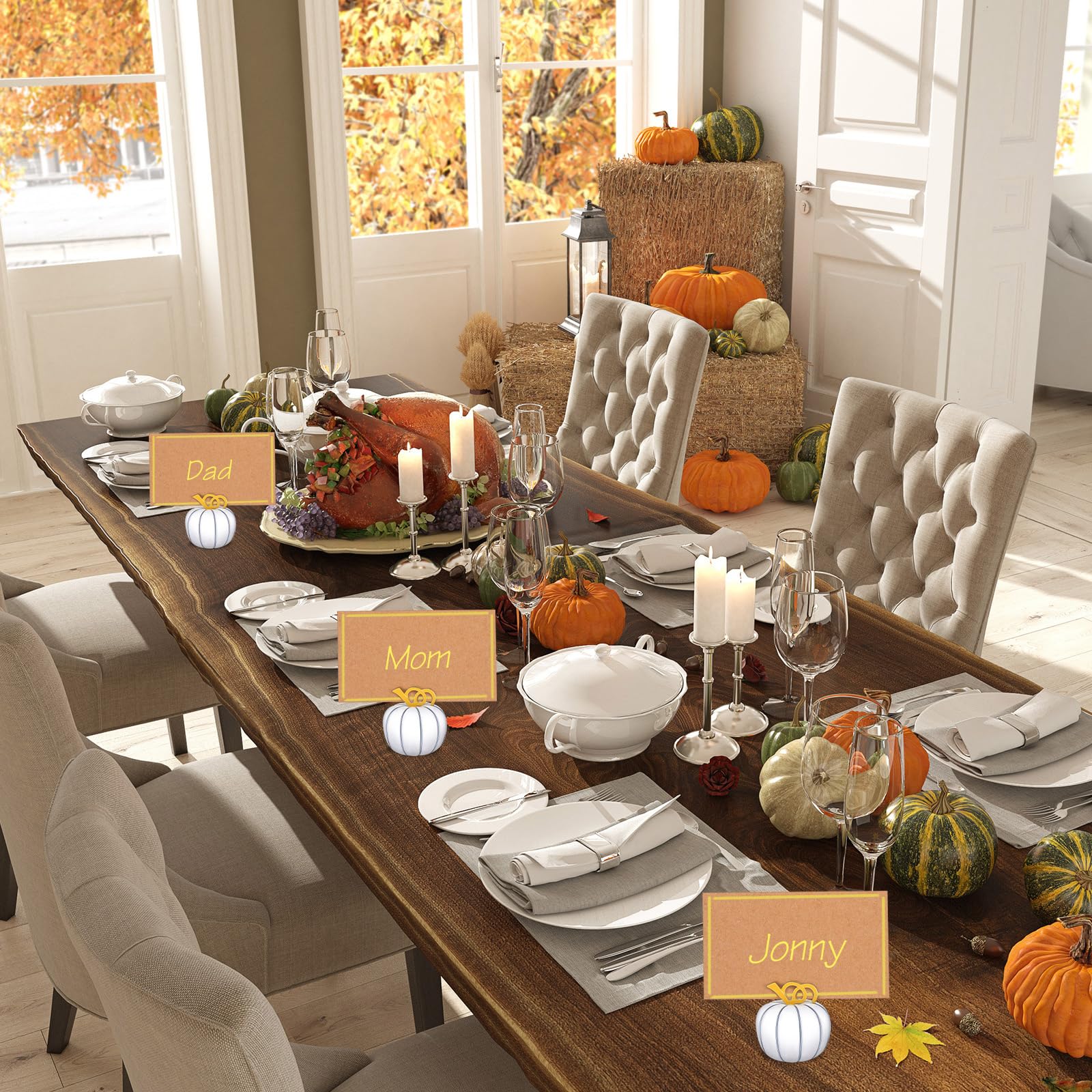 Thyle 24 Pcs Pumpkin Place Card Holder Thanksgiving Pumpkin Stand Holders Mini Pumpkin Photo Holder Fall Table Decoration Harvest Pumpkin Table Number Holders for Party Wedding Table (White)