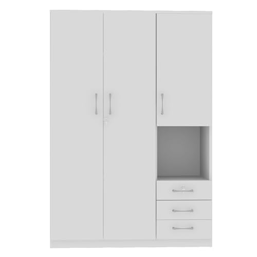 TINIMONI Modern 3-Door Wooden Wardrobe Armoire, Closet Organizer with Shelves, Drawers, and Hanging Rod, Stylish Storage Solution for Bedrooms, White