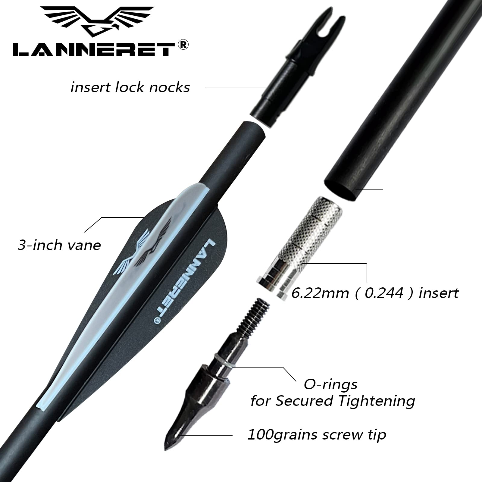 Lanneret Archery Carbon Arrows for Compound & Recurve Bows,32Inch Carbon Practice Bow Arrow with Removable for Youth Compound & Recurve Bow Target (Pack of 12) Black