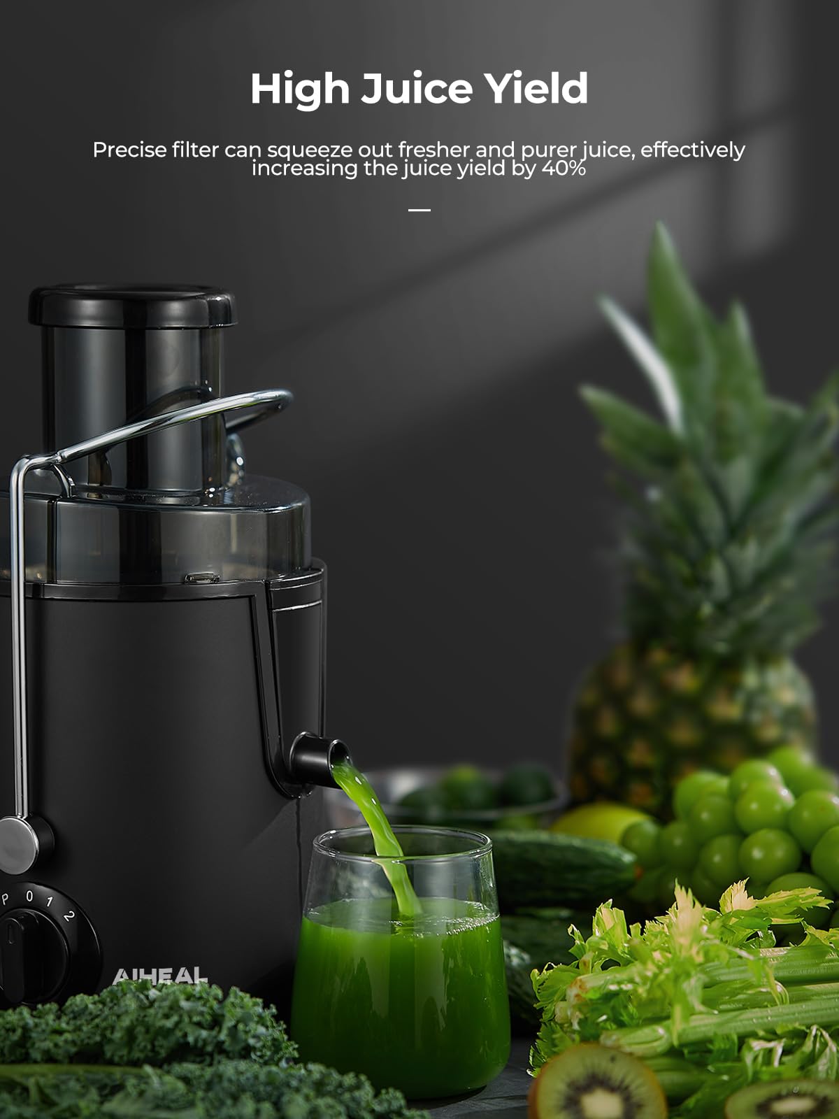 Juicer Machines, Aiheal Juicer Vegetable and Fruit Easy to Clean, Centrifugal Juicer with 3β Wide Mouth, 3 Speed Control, Overload Protection System, Cleaning Brush and Recipe Included, Black