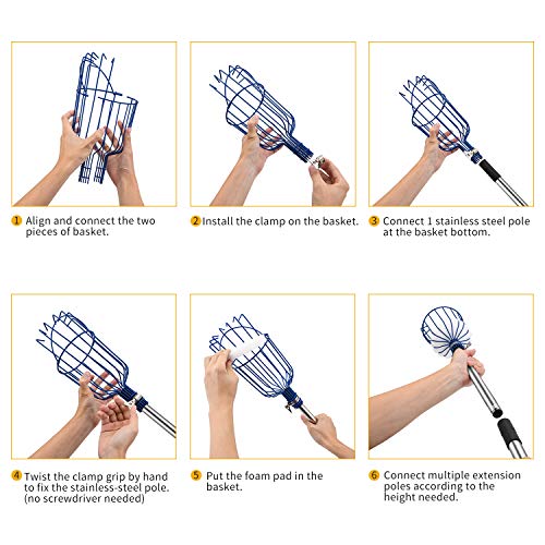 OAK LEAF Fruit Picker, 13 Foot Fruit Picker Pole with Basket Apple Orange Picker Tool Tree Fruit Catcher with Lightweight Stainless Steel Connecting Pole, Sturdy Basket with Foam Pad, Metal Clamp