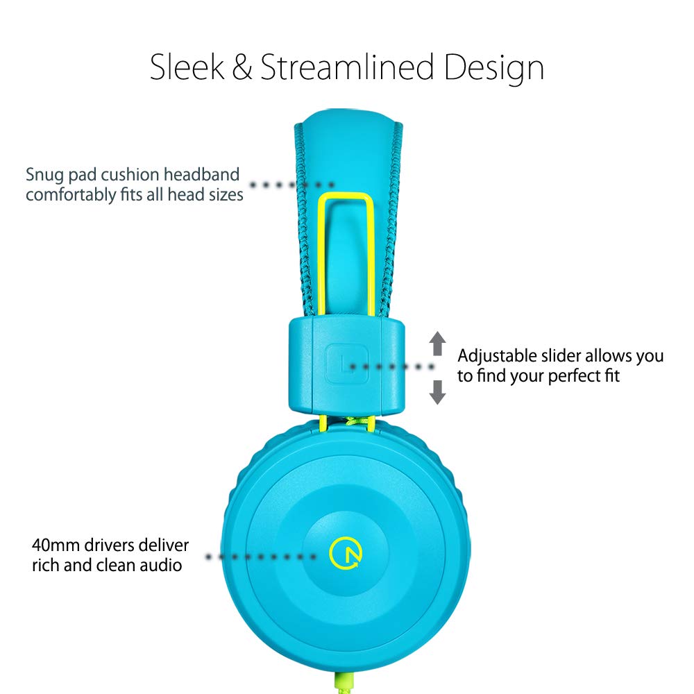 noot products Kids Headphones K22 Foldable Stereo Tangle-Free 5ft Long Cord 3.5mm Jack Plug in Wired On-Ear Headset for iPad/Amazon Kindle Fire/Boys/Girls/Laptop/School/Tablet (Teal/Lime)